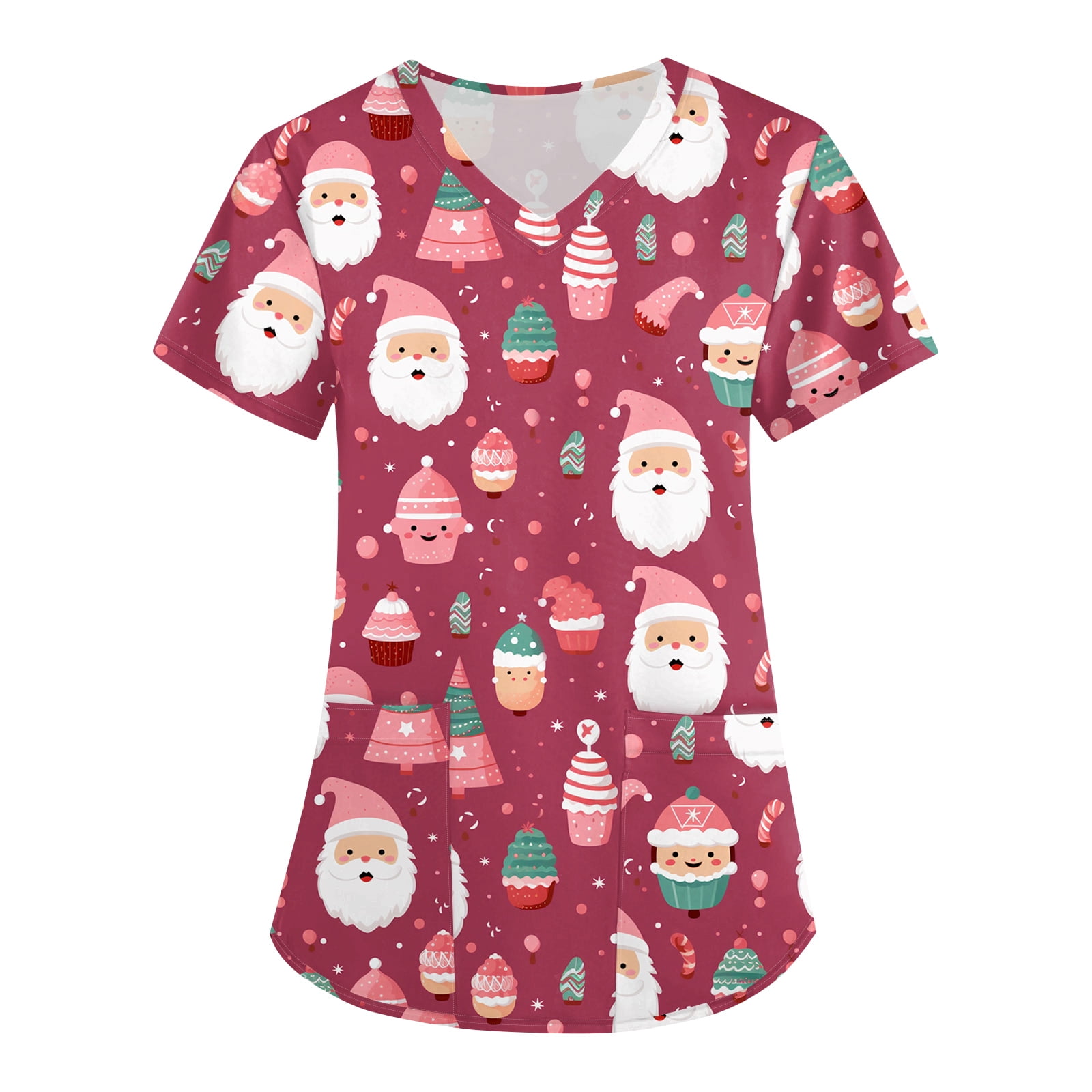 dGslk Women’s V Neck Short Sleeve Printed Scrub Top with Festive Santa ...