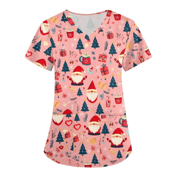 dGslk Women’s V Neck Short Sleeve Printed Scrub Top with Festive Santa ...