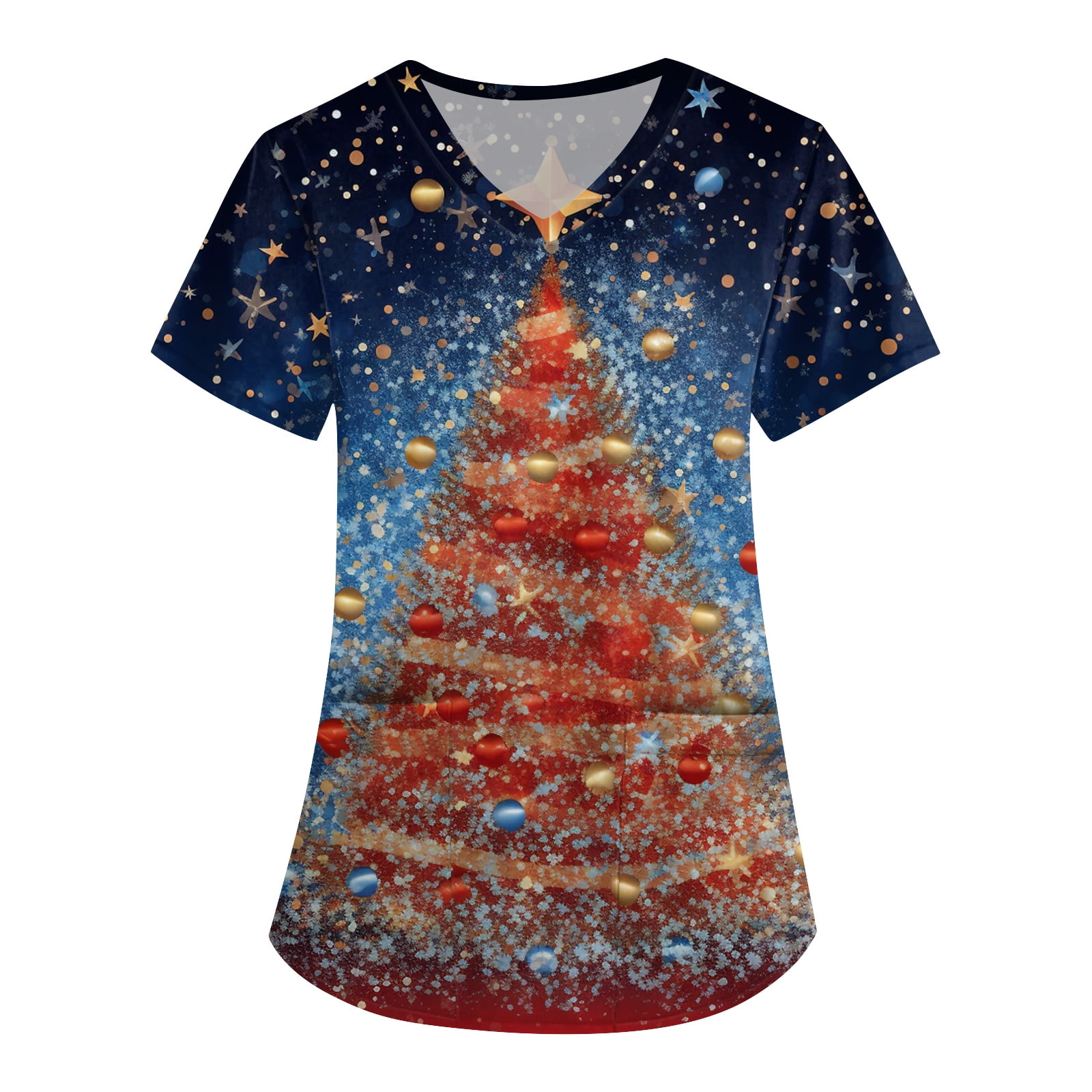 dGslk Women’s V Neck Short Sleeve Printed Scrub Top with Festive Santa ...
