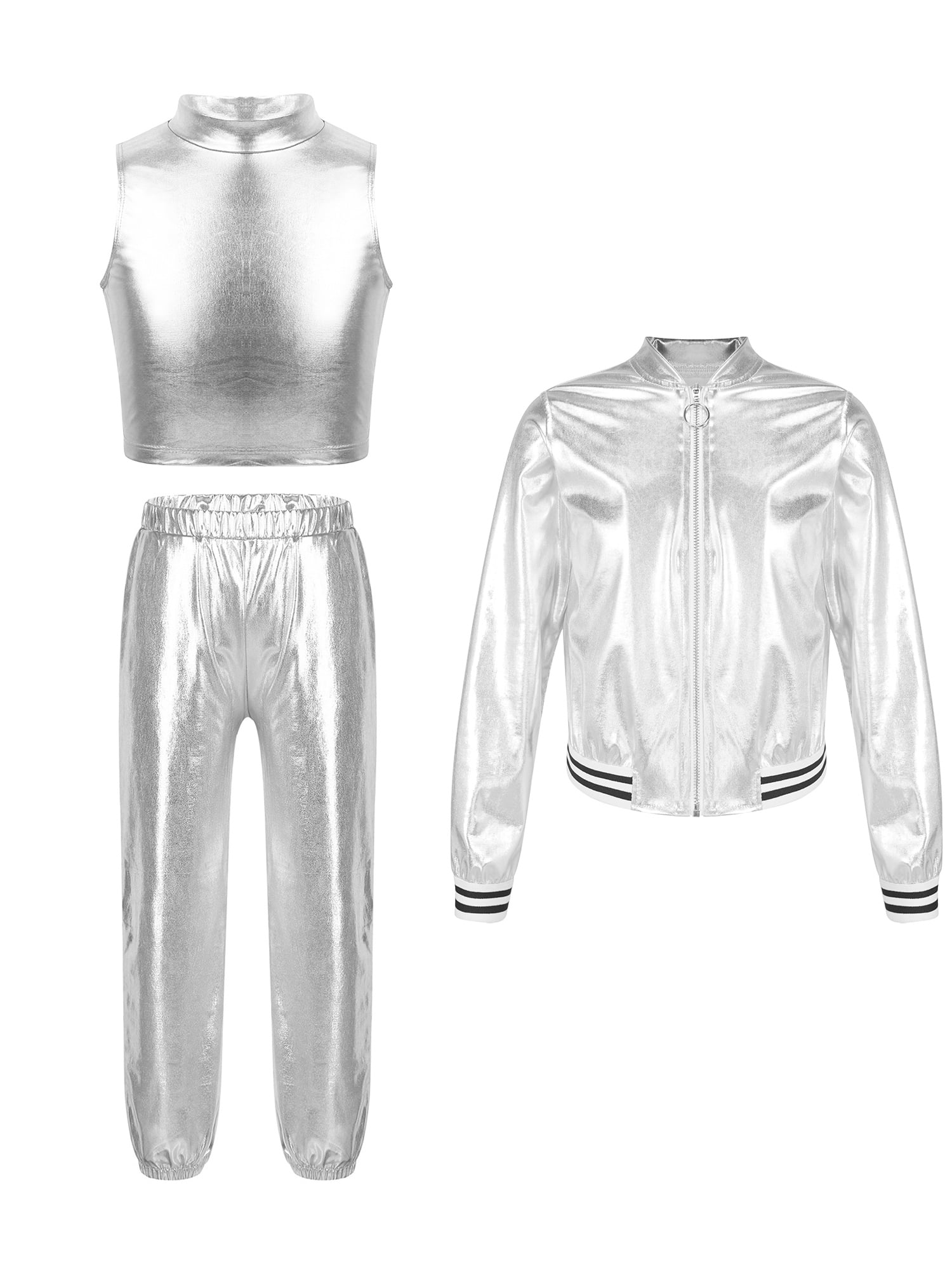 dPois 3Pcs Girls Metallic Hip Hop Dance Outfits Shiny Crop Top with ...