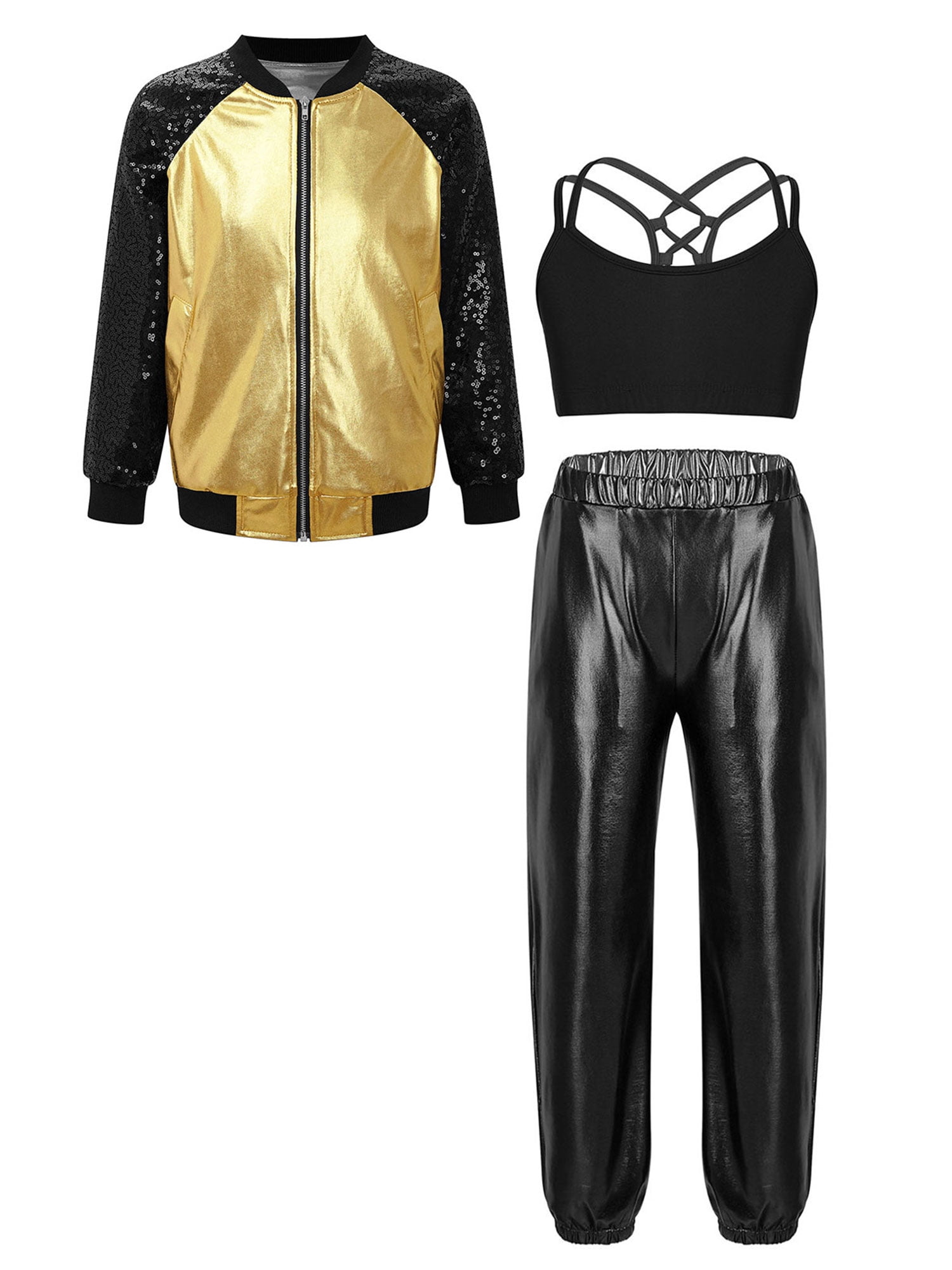 dPois Girls 3Piece Dance Clothing Set for Teens Shiny Metallic Hip Hop ...