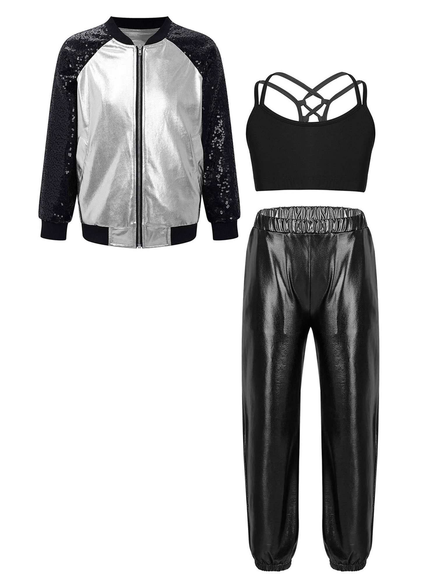 dPois Girls 3Piece Dance Clothing Set for Teens Shiny Metallic Hip Hop ...