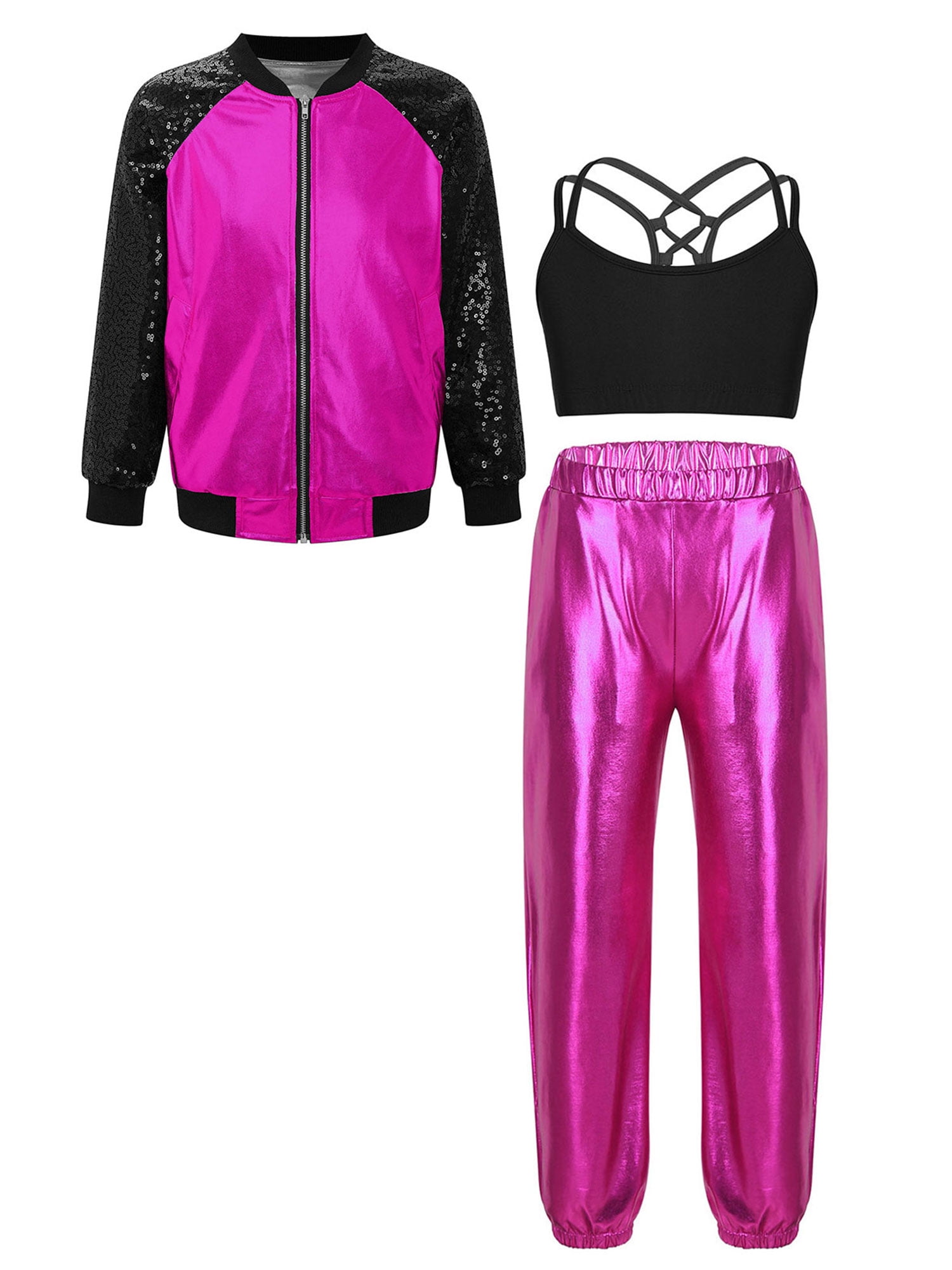 dPois Girls 3Piece Dance Clothing Set for Teens Shiny Metallic Hip Hop ...