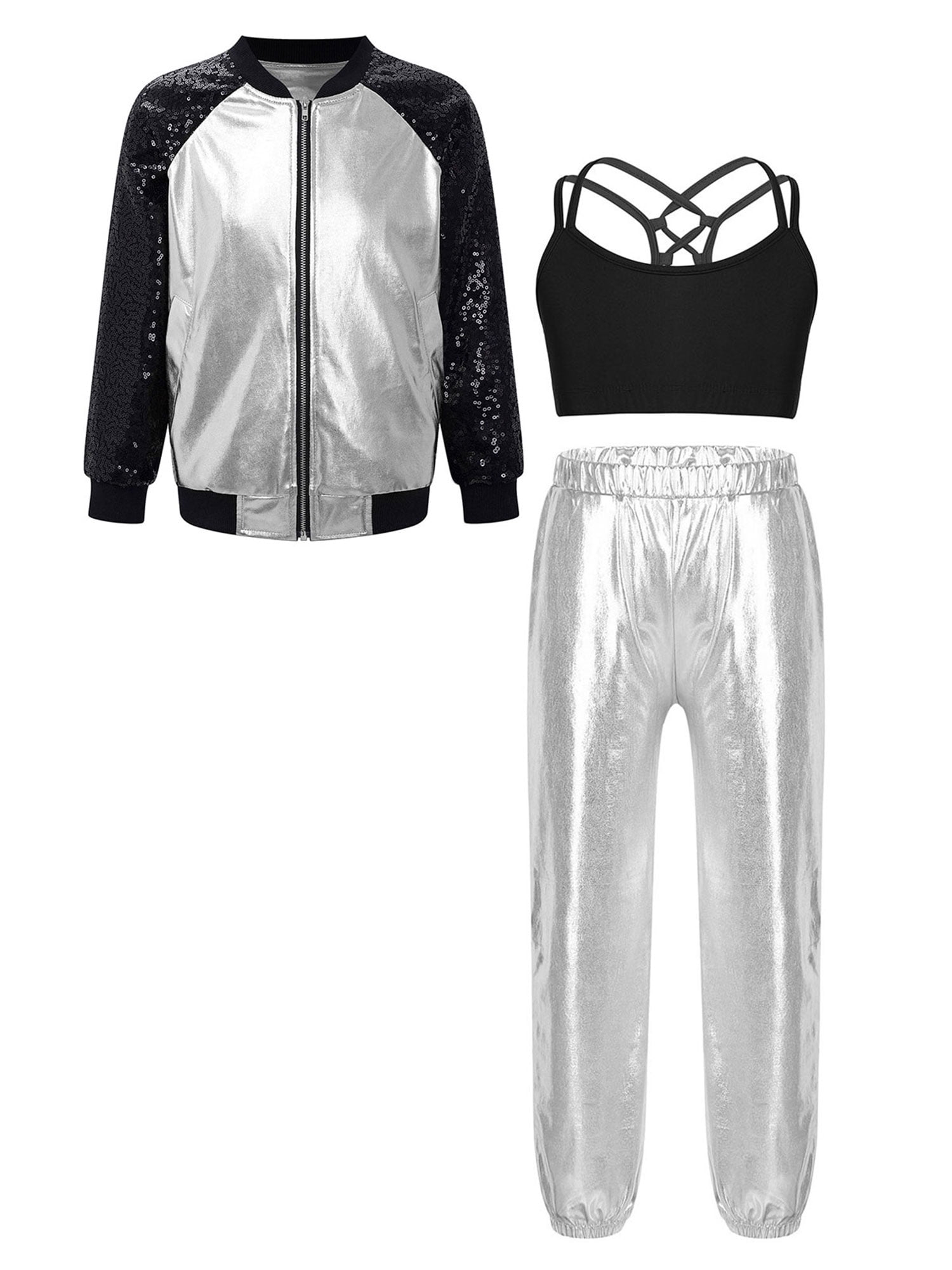 dPois Girls 3Piece Dance Clothing Set for Teens Shiny Metallic Hip Hop Jazz Street Dance Costume ...