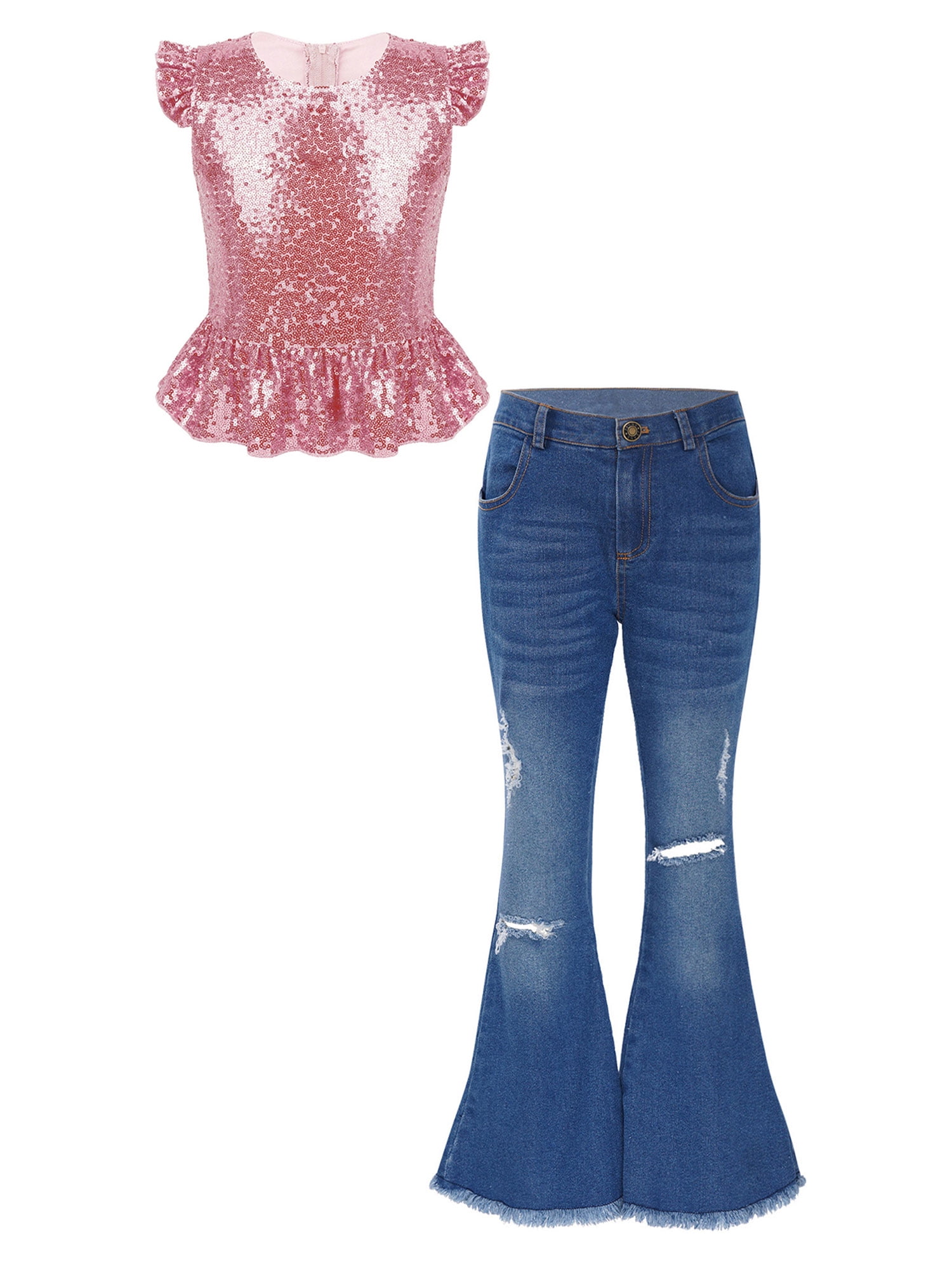 dPois Kids Girls Clothes Sequins Mermaid Flutter Sleeve Shirt Top with ...