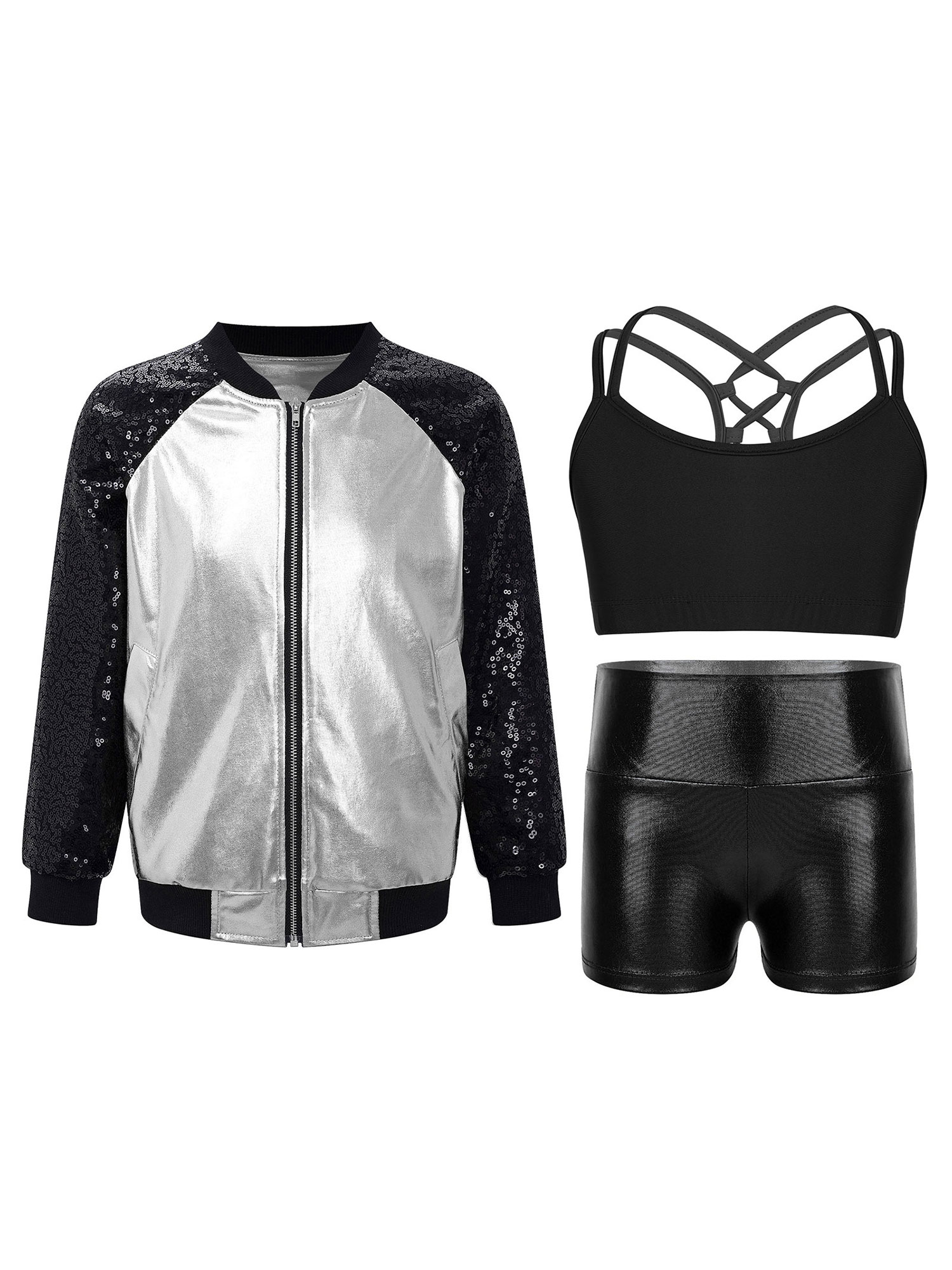 dPois Kids Girls Hip Hop Jazz Dance Performance Costume Black&Silver 12 ...