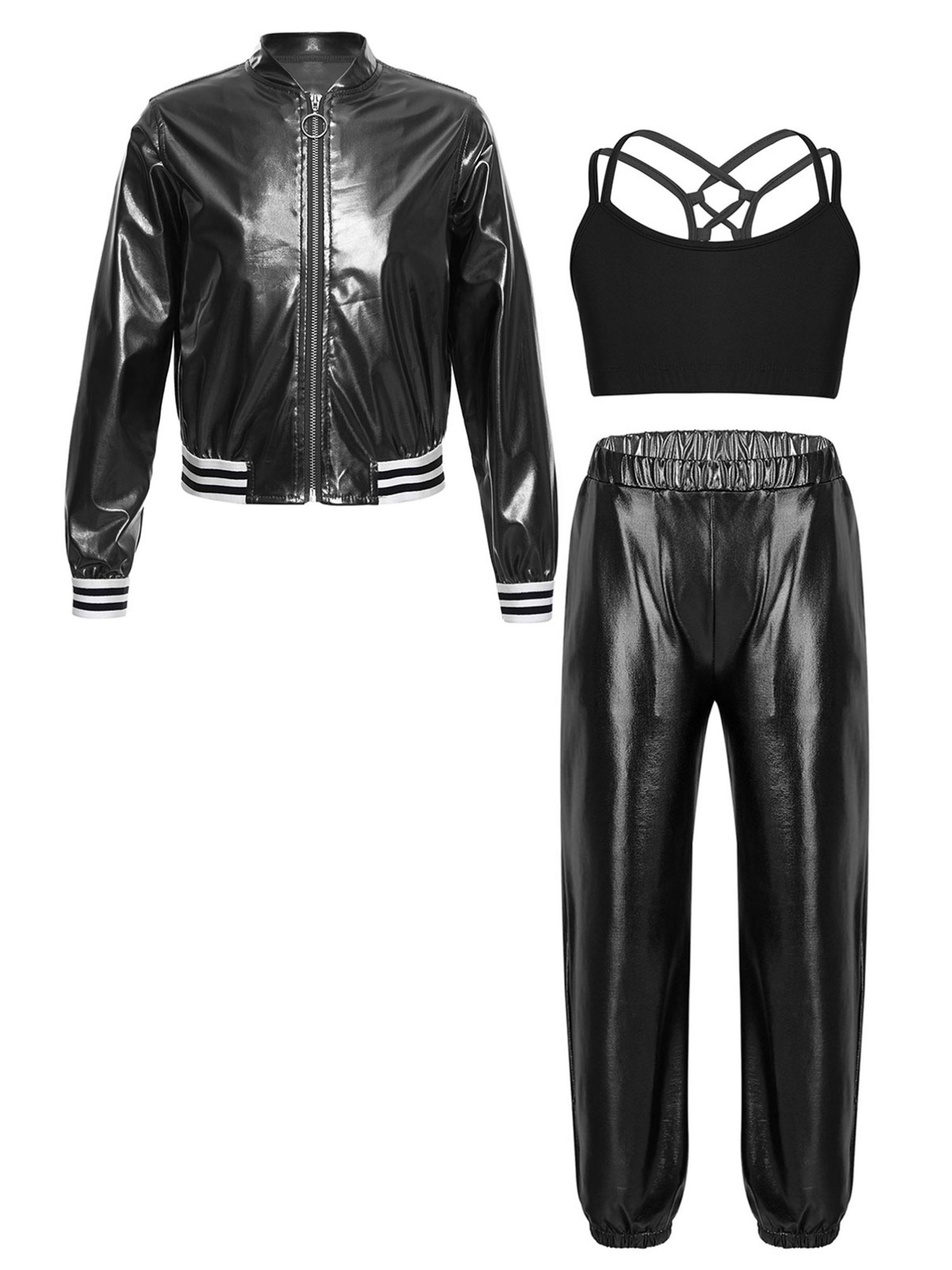dPois Kids Girls Shiny Metallic Bomber Jacket Coat Outwear Jazz Hip Hop ...