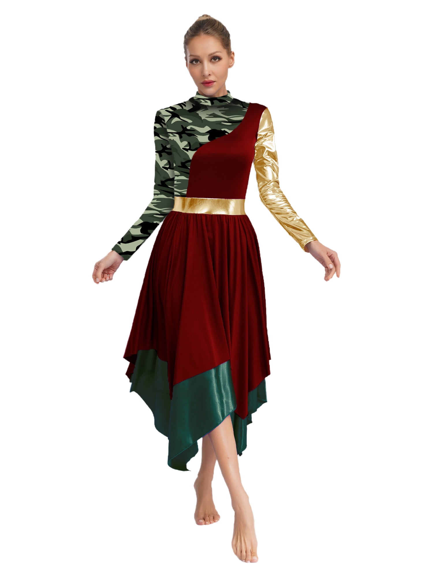 dPois Women's Praise Dance Dress Irregular Flowy Skirt Long Sleeve ...