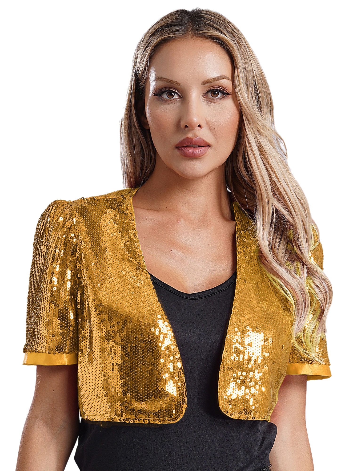 dPois Women's Shiny Sequin Short Sleeve Open Front Cropped Jacket Coat ...