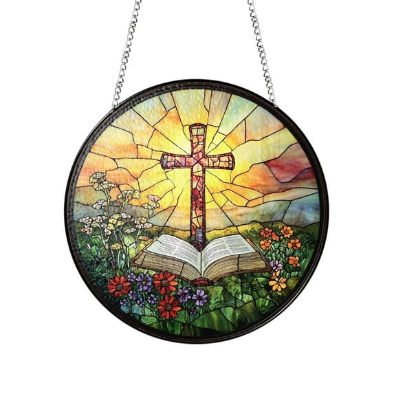 dajkiuy Stained Glass Cross and Wildflowers Suncatcher 6 Inch Windows ...