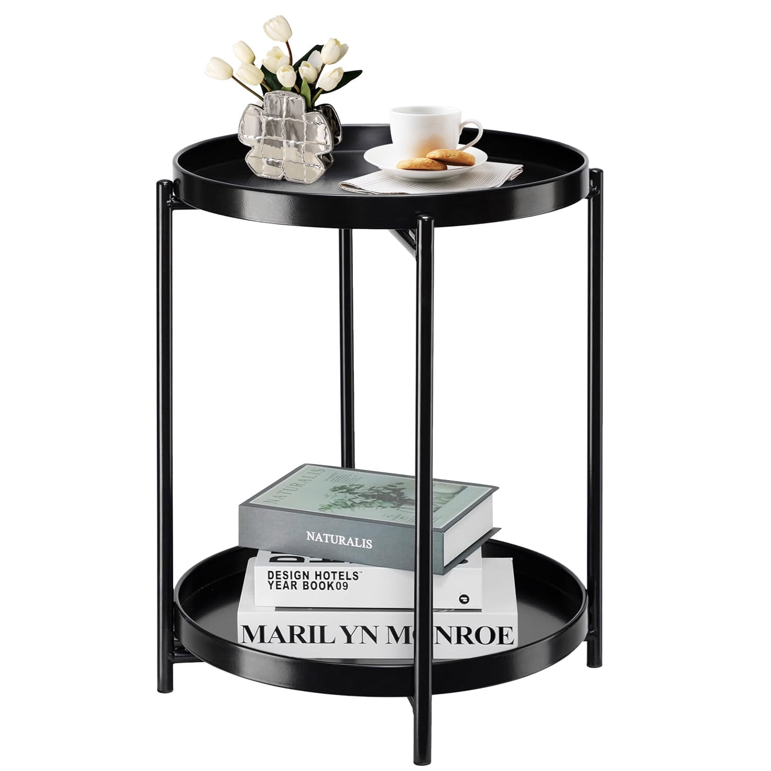 danpinera 2 Tier Side Table, Removable Tray, Round End Table for Indoor ...
