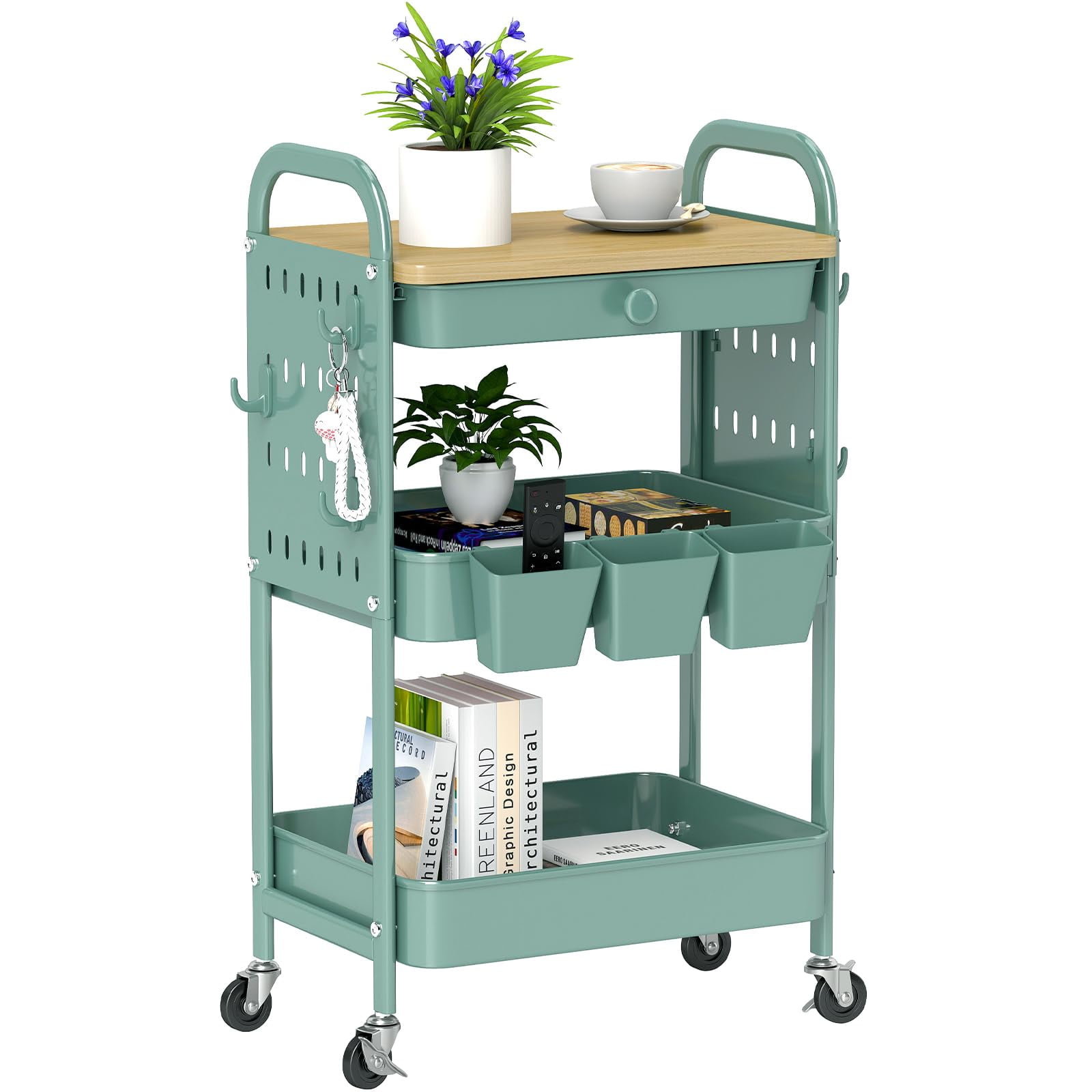 danpinera 3 Tier Rolling Cart, Metal Utility Cart with Wooden Table Top ...