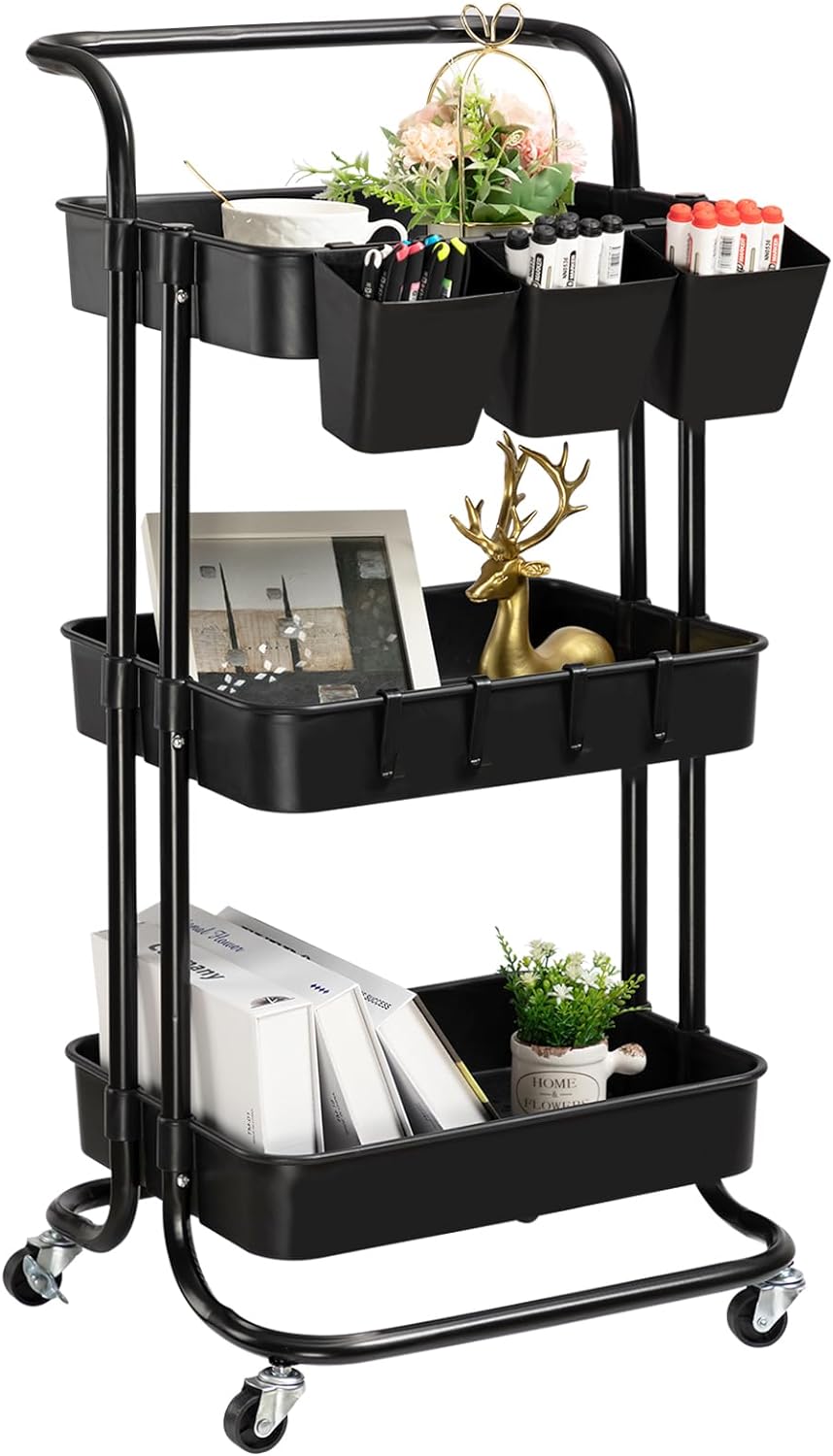 3-Tier Utility Rolling Cart,RLUETIME Mobile Utility Cart with Drawer ...