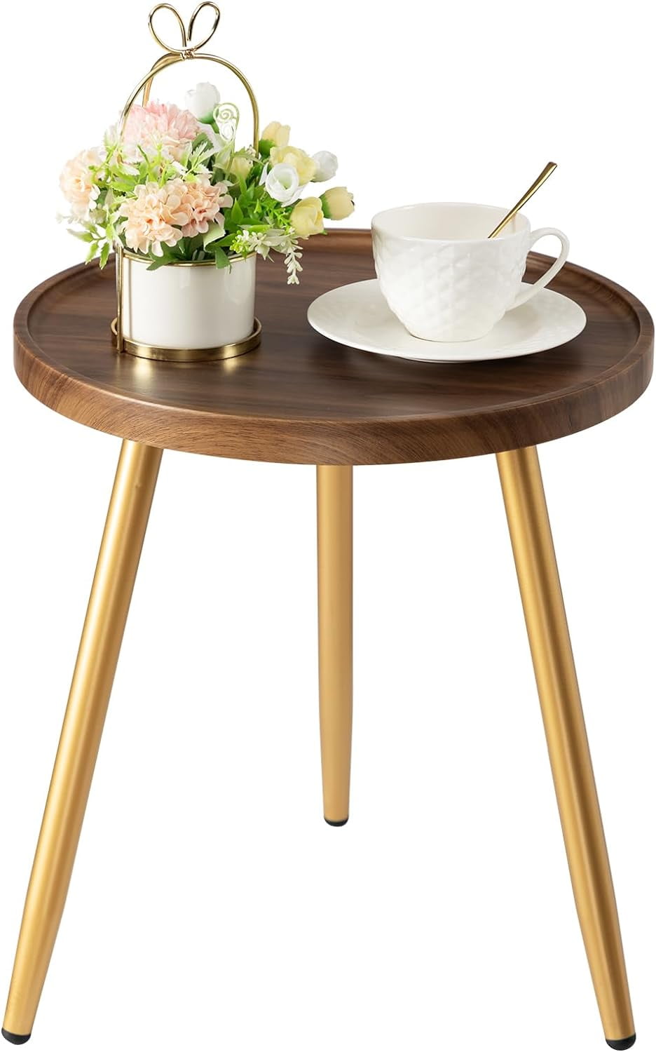 danpinera Round Side Table, Metal Legged Accent Table with Wooden Tray ...