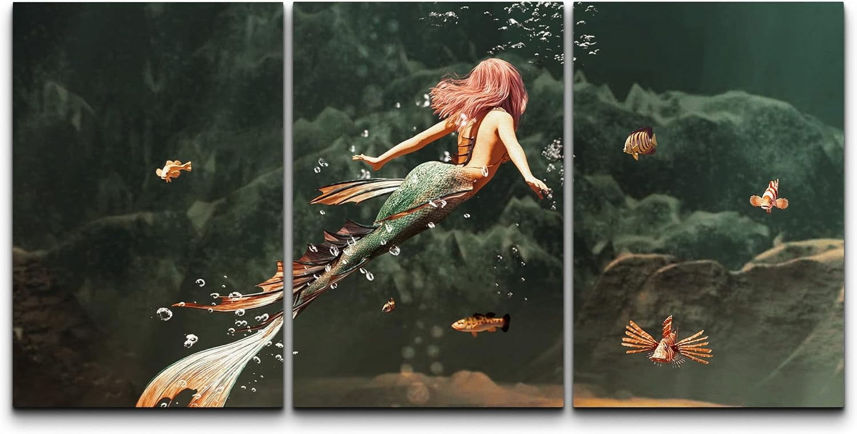 dashuaibi-Canvas Print Wall Art Set Mermaid Swimming in Underwater ...
