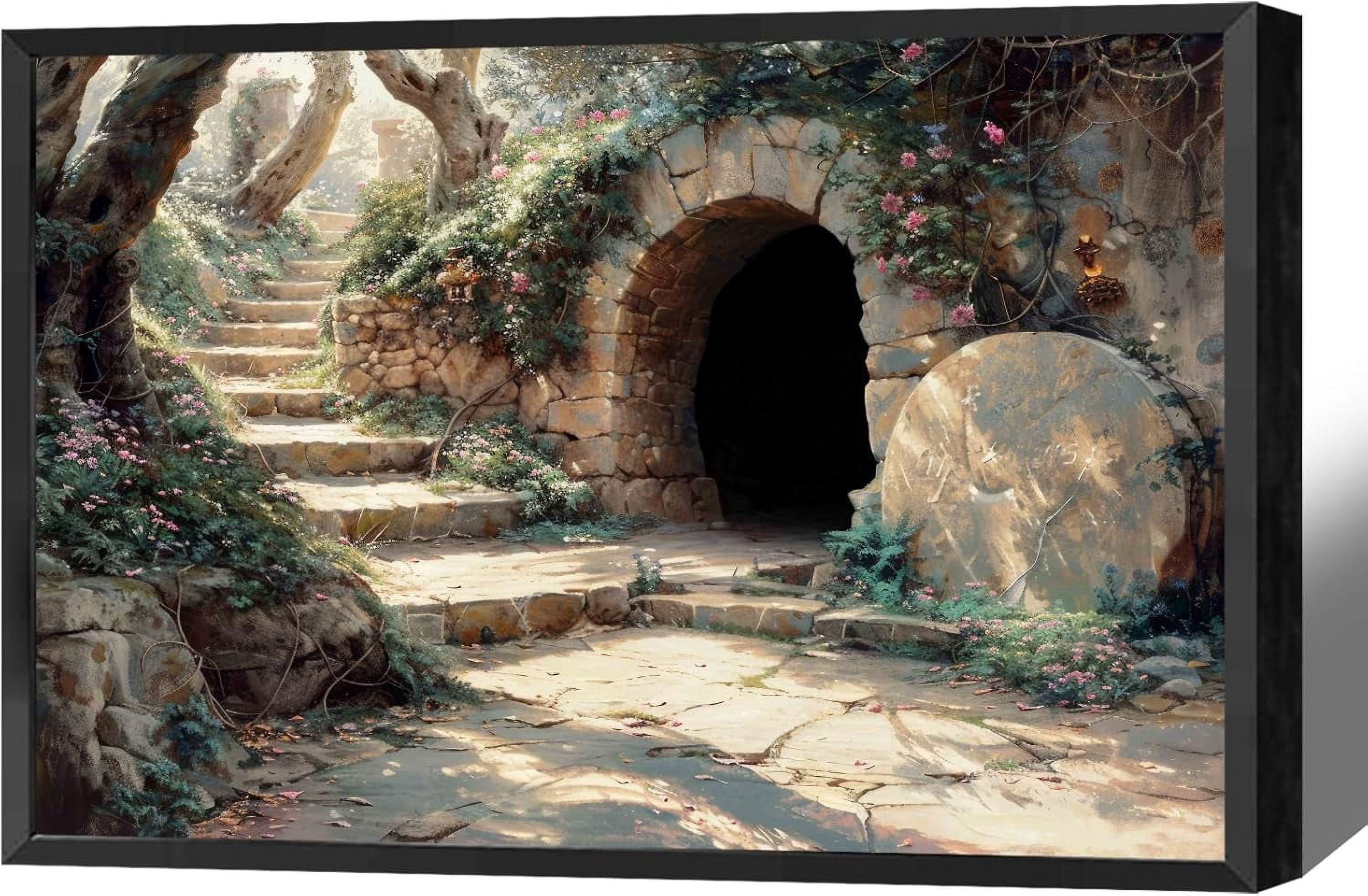 dashuaibi-Easter Spring Floral Landscape Canvas Wall Art The Tomb is Empty Easter Art Poster He ...