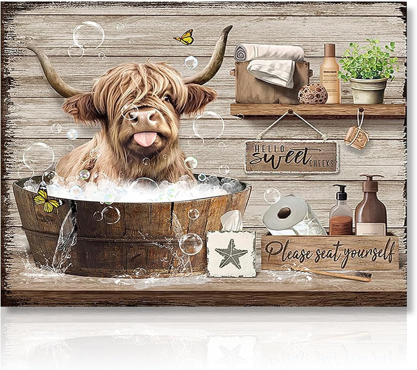 dashuaibi-Funny Farmhouse Bathroom Wall Art Highland Cow in Bathtub ...