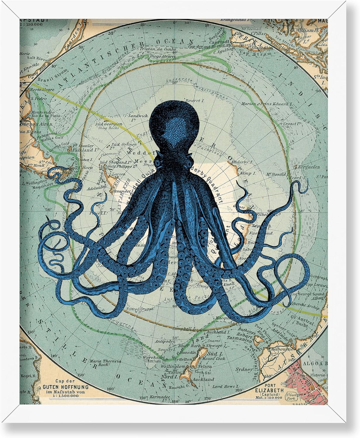 dashuaibi-Vintage Octopus Poster - Aquatic Print - Antarctica Map Art ...