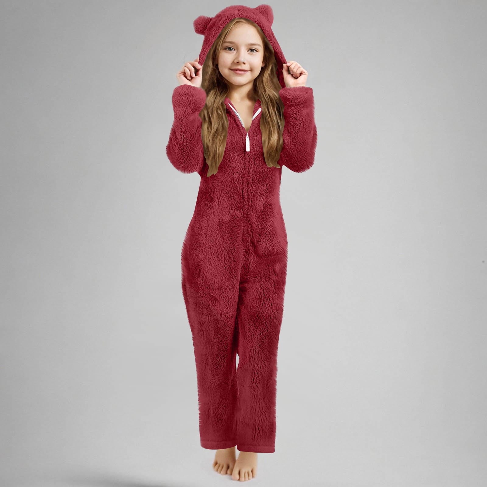 dazeni Big Girls 5-15 Years Fleece Hooded Jumpsuit Fuzzy Winter Warm ...