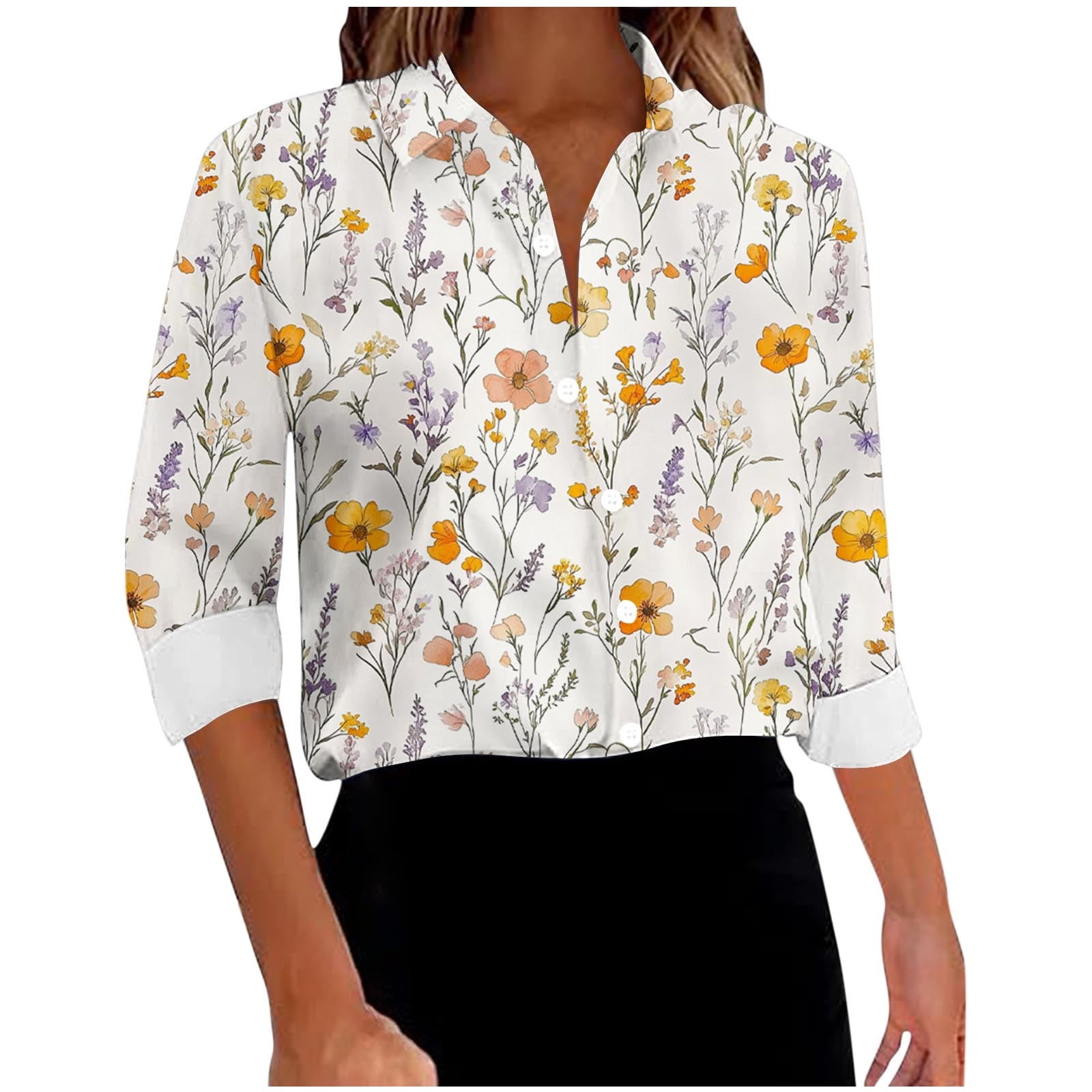 dazeni Button Down Shirts for Women Trendy Dressy Floral Printed Long ...