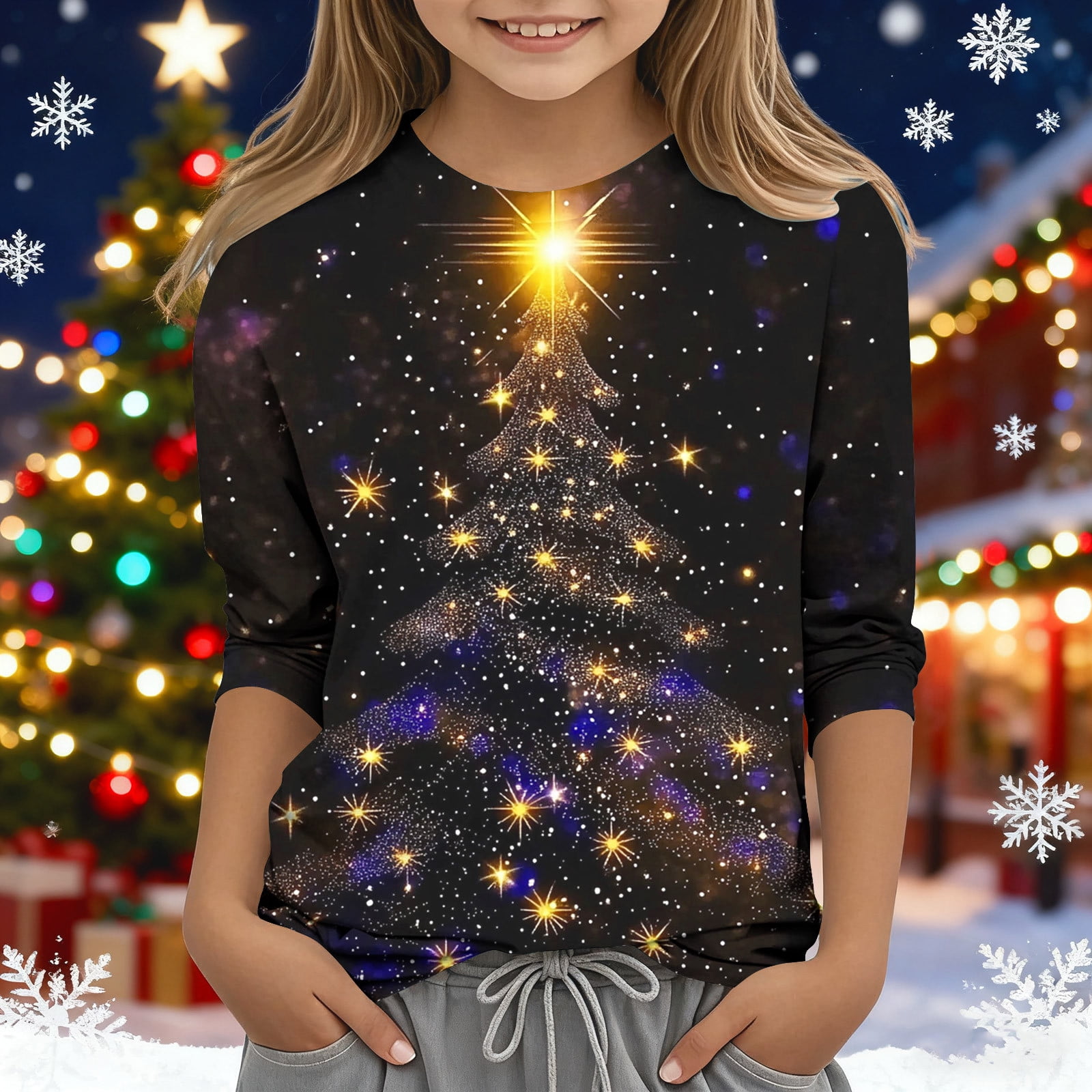 dazeni Christmas Shirts for Girls 3-12 Years 3/4 Sleeve Clothes Fall ...