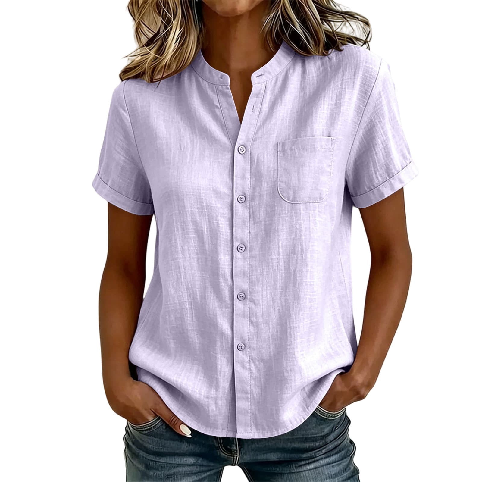 dazeni Gauze Tops for Women Short Sleeve Button Down Shirts Crewneck ...