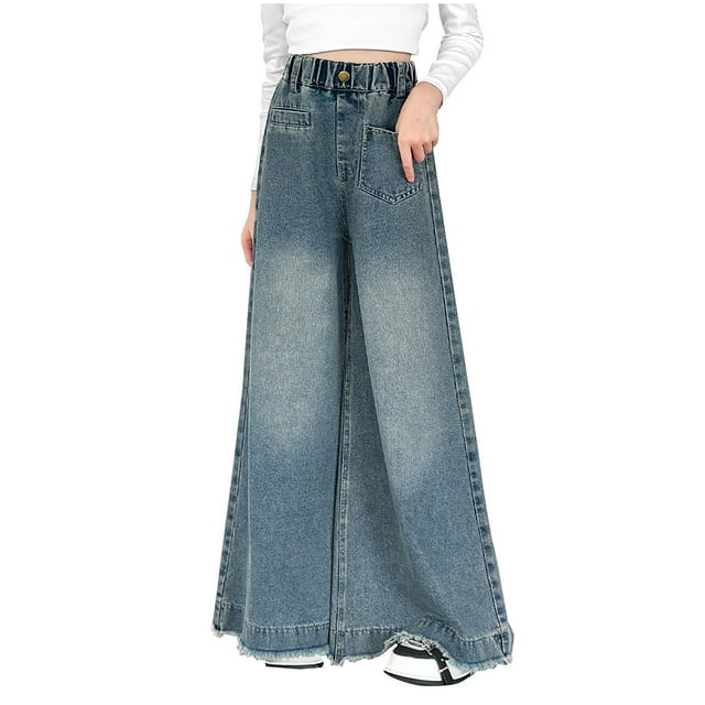 Dazeni Girls Cargo Jeans Pants Elastic High Waisted Wide Leg Baggy