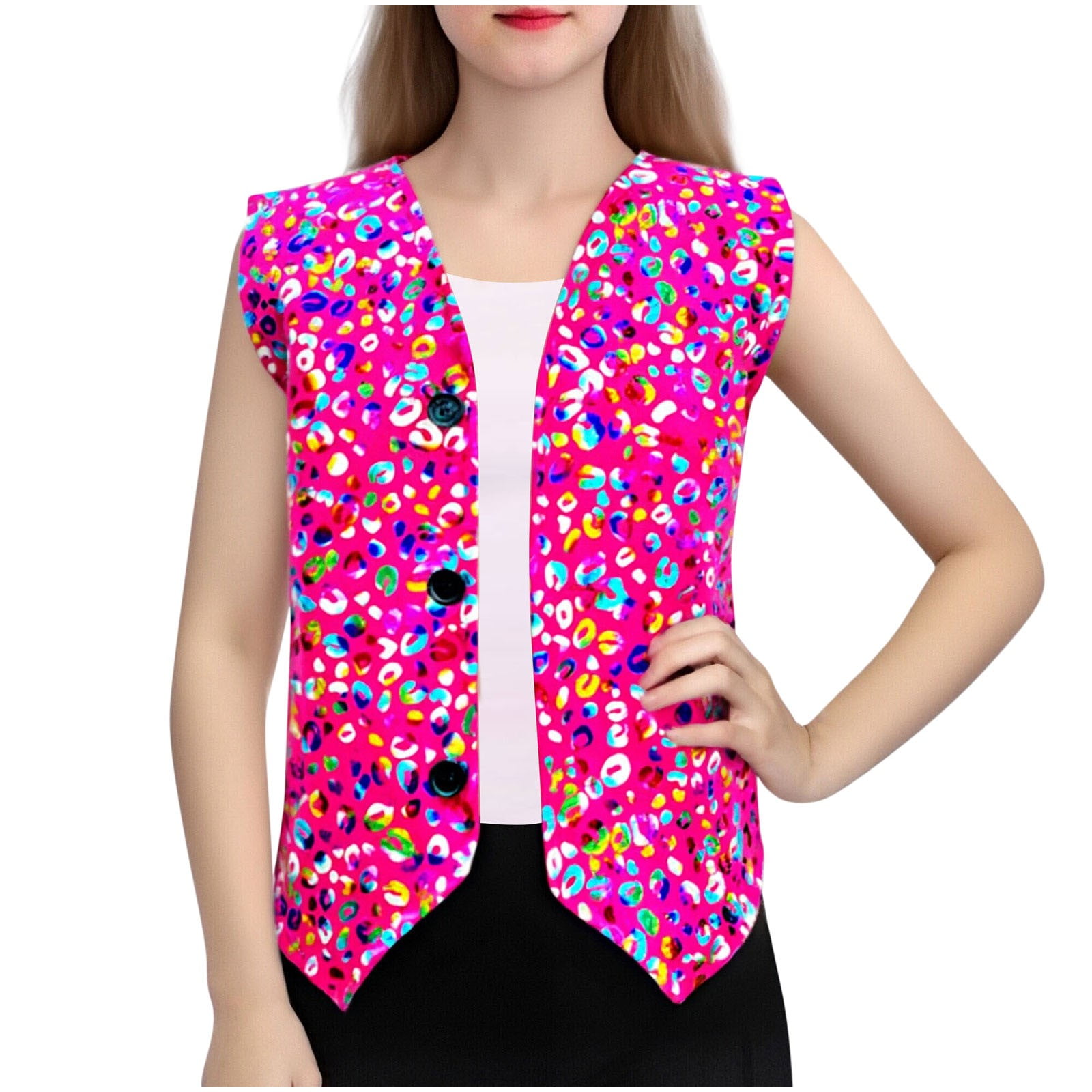 dazeni Girls Floral Open Front Vest Shiny Metallic Sleeveless Button ...