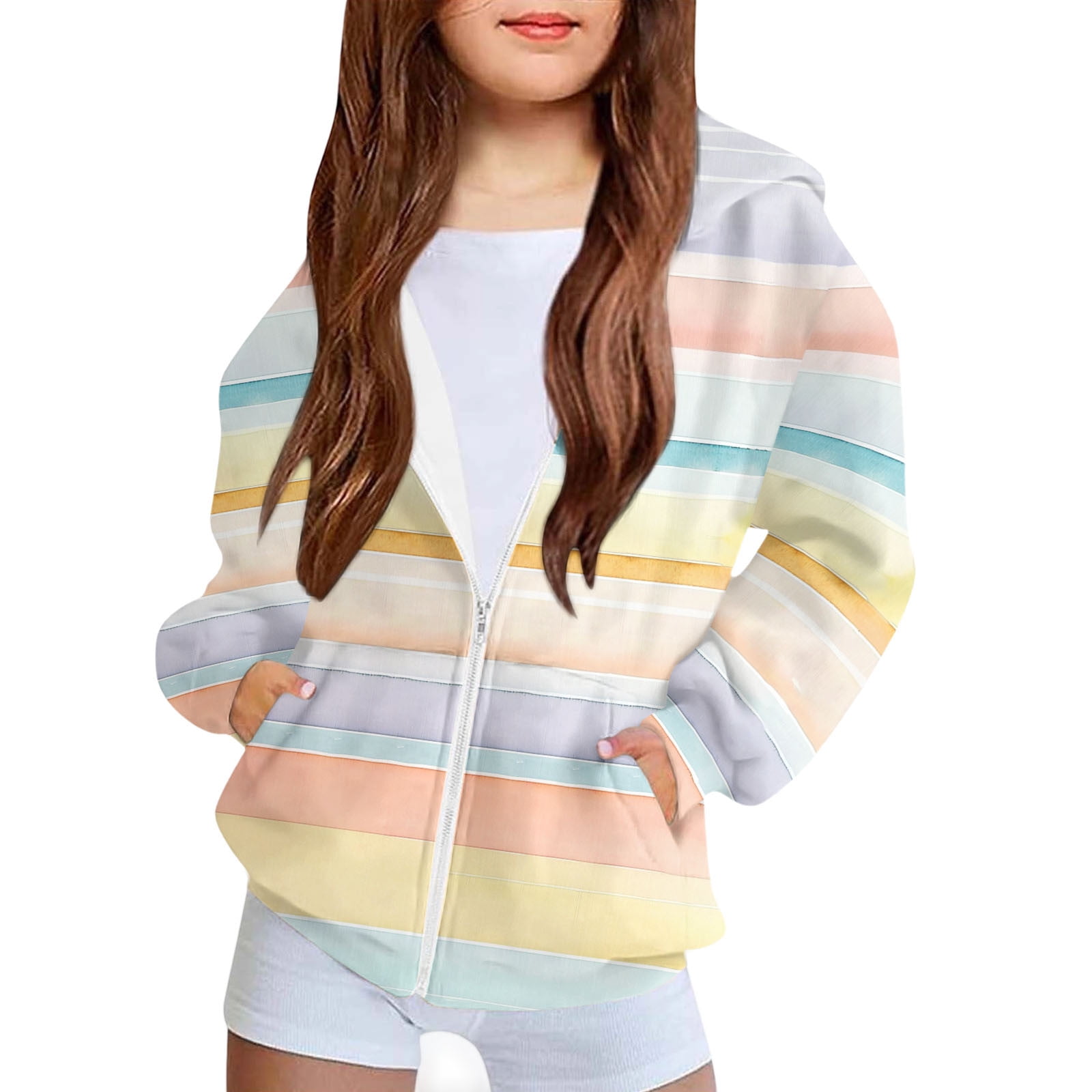 dazeni Girls Full Zip Up Hoodies Fashion Rainbow Colorful Long Sleeve ...