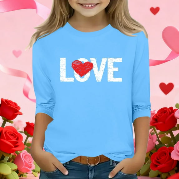 dazeni Girls Holiday T Shirts Love Letter Print Crewneck Tops 3/4 ...