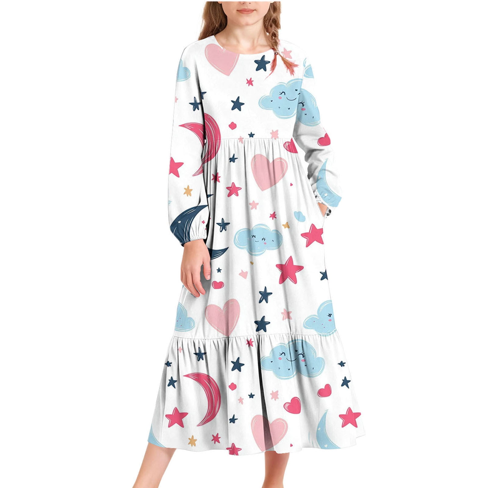dazeni Girls Long Sleeve Maxi Dresses Boho A-Line Flowy Crewneck Dress ...