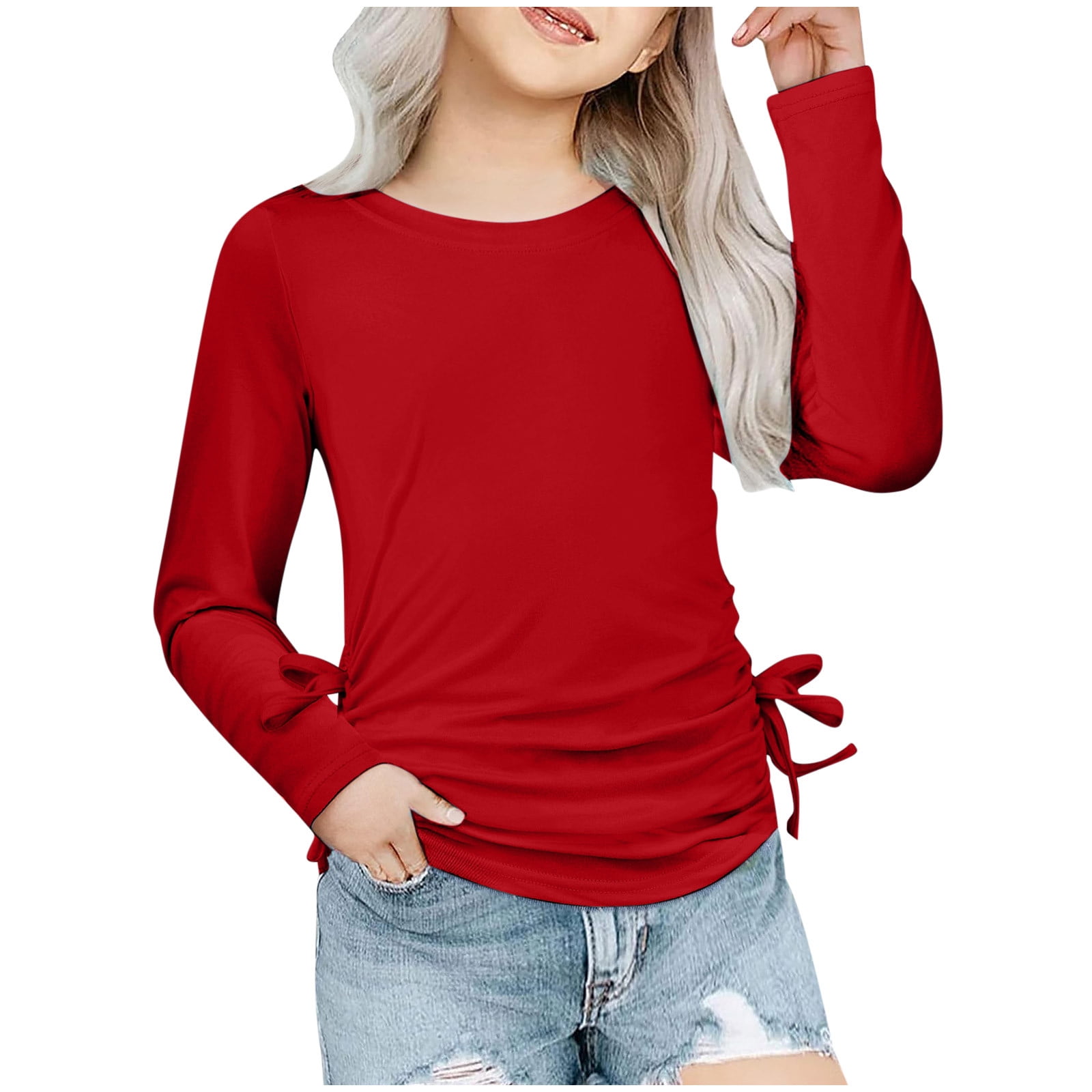 dazeni Girls Long Sleeve Shirts Casual Crewneck Tops Loose Side Ruched ...