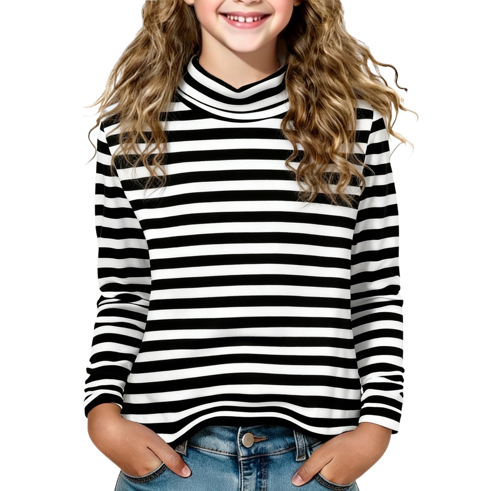 dazeni Girls Long Sleeve Tops Fashion Striped Mock Neck Turtleneck T ...