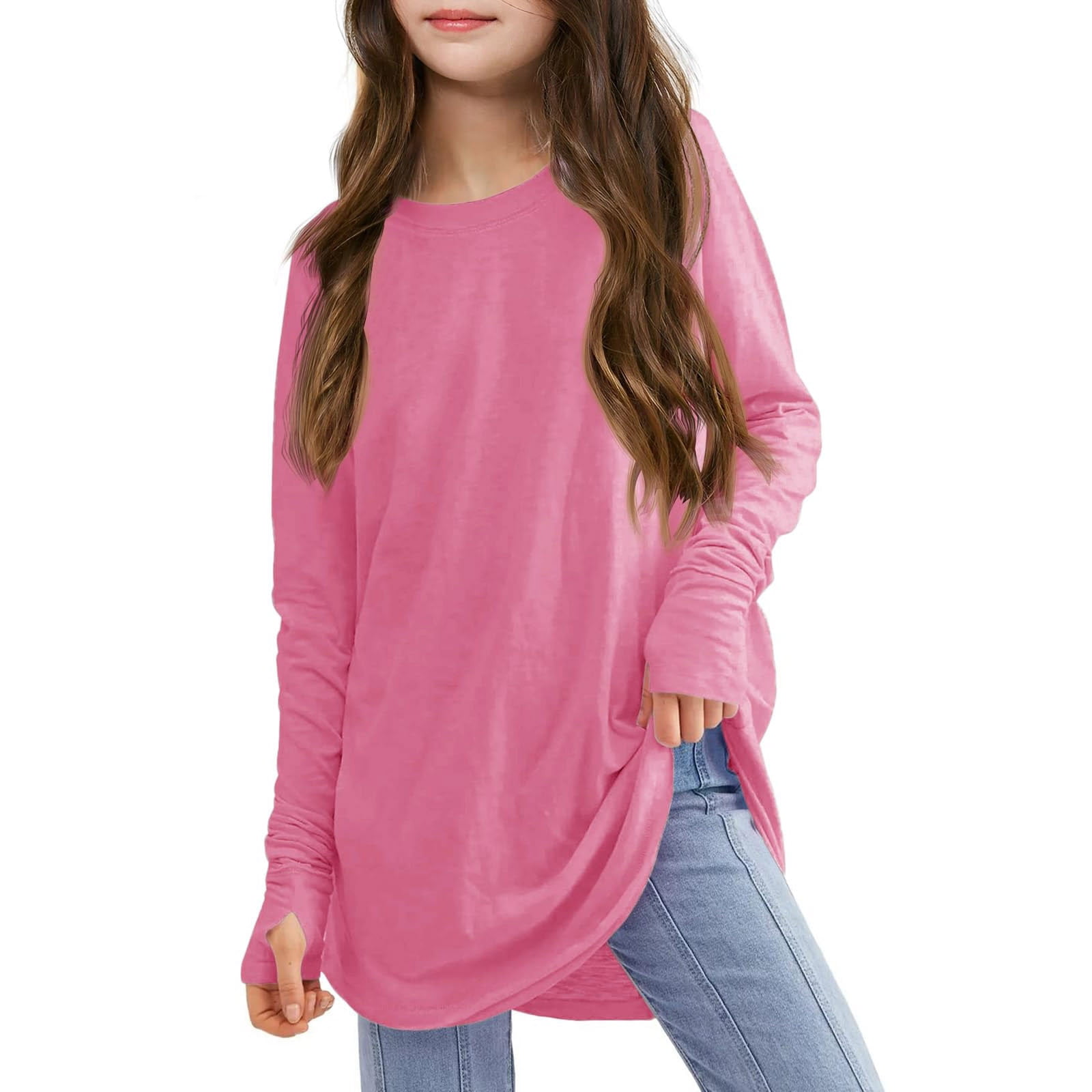 dazeni Girls Loose Long Sleeve Tunic Tops Solid Ocersized T Shirts ...