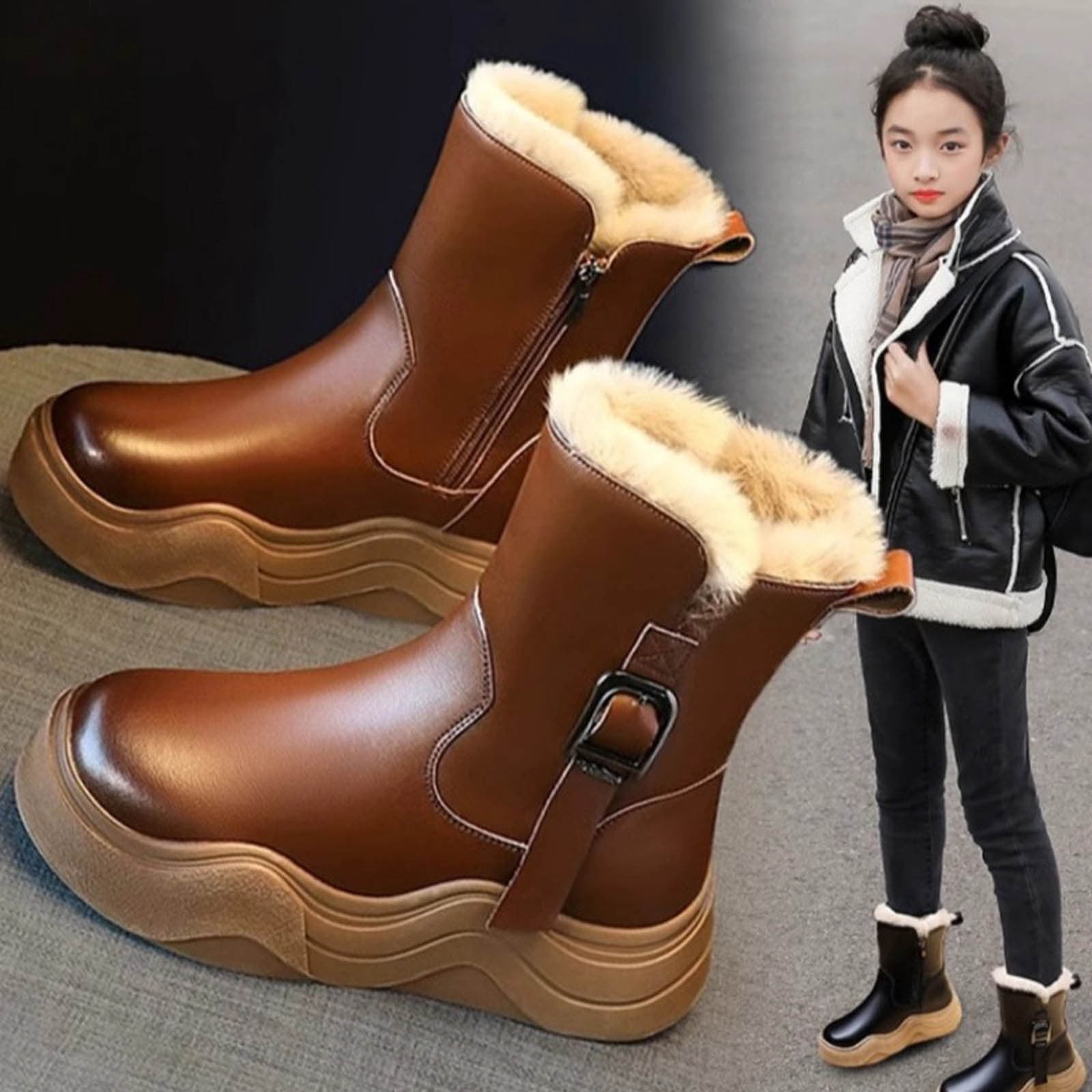 dazeni Girls Snow Winter Boots Waterproof PU Leather Outdoor Ankle ...