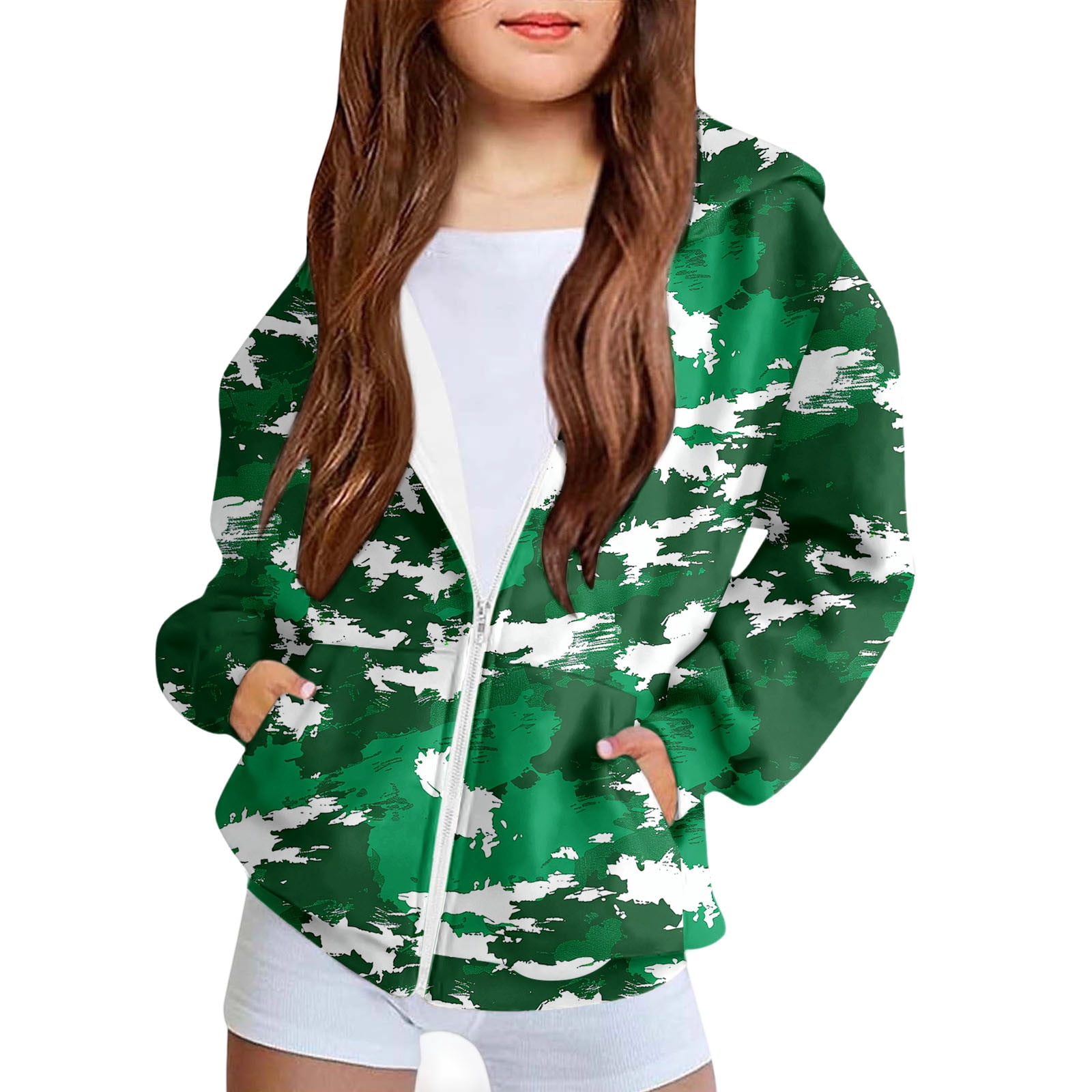 dazeni Girls Zip Up Hoodie Kids Fashion Oversized Camo Sweatshirt ...