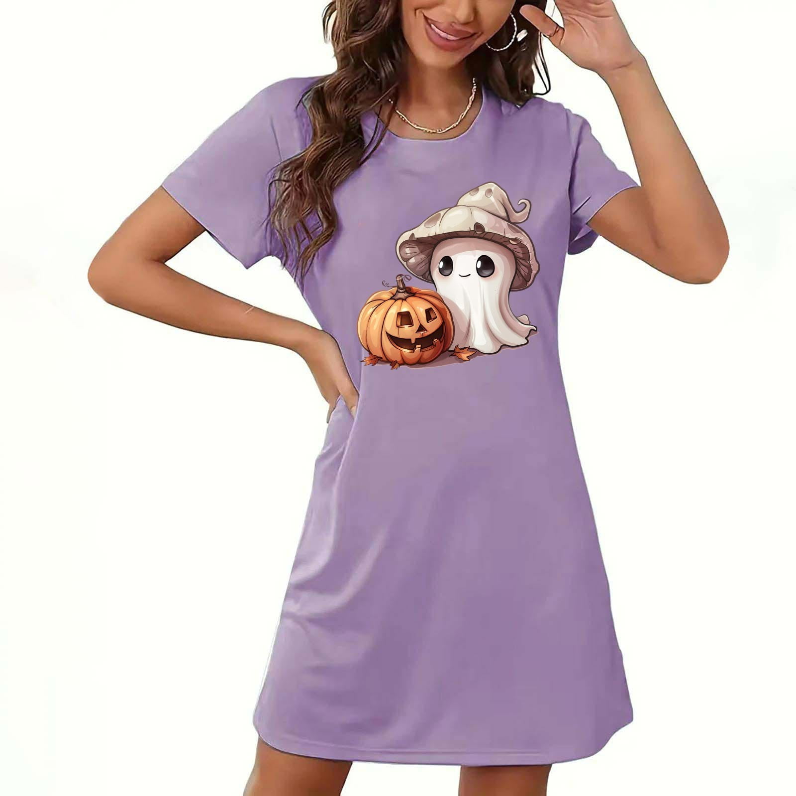 dazeni Halloween Nightgowns for Women Cute Pumpkin Ghost Short Sleeve ...