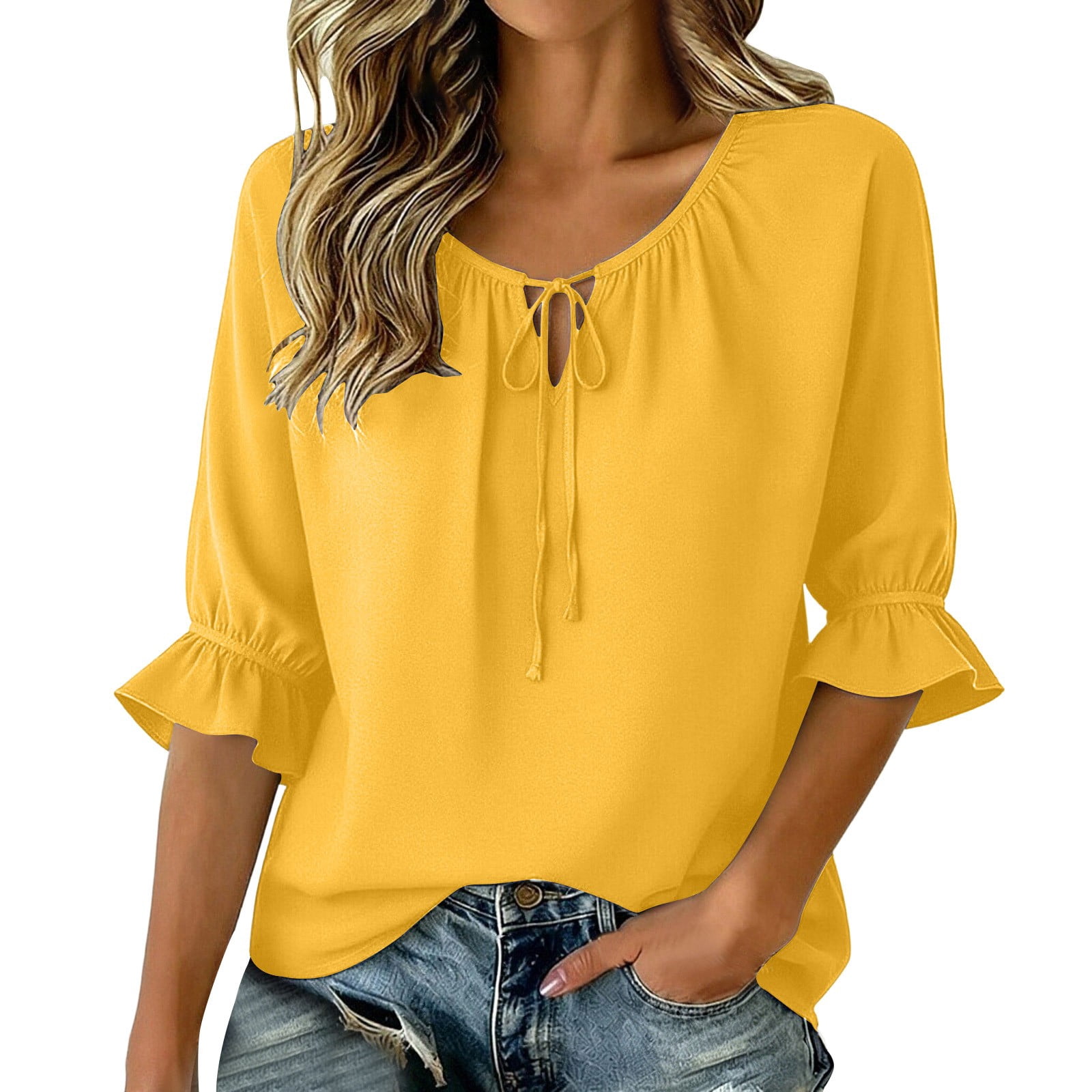 dazeni Lace up Blouse Women Flare Half Sleeve Tops Lightweight Keyhole ...