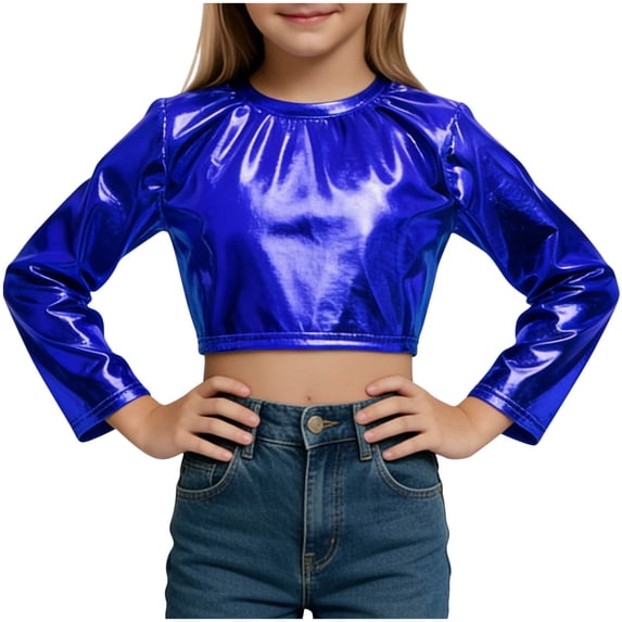 dazeni Long Sleeve Crop Tops for Girls Smock Neck Metallic Dance Tops ...