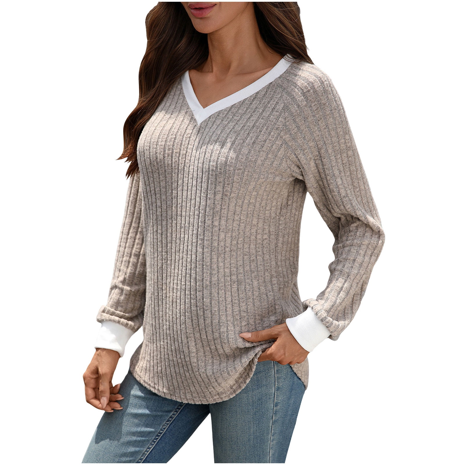 dazeni Long Sleeve Shirts for Women Color Block V Neck Ribbed Knit ...