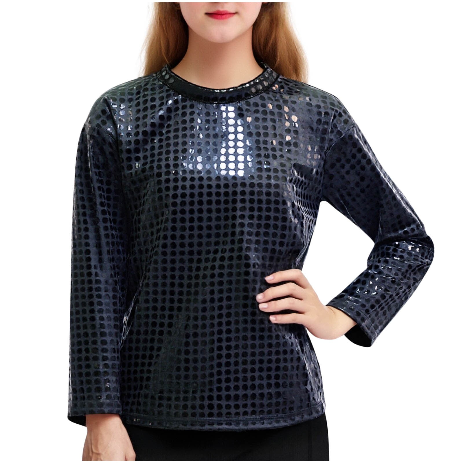 dazeni Long Sleeve Tops for Teen Girls Crewneck Metallic Dance Shirts ...