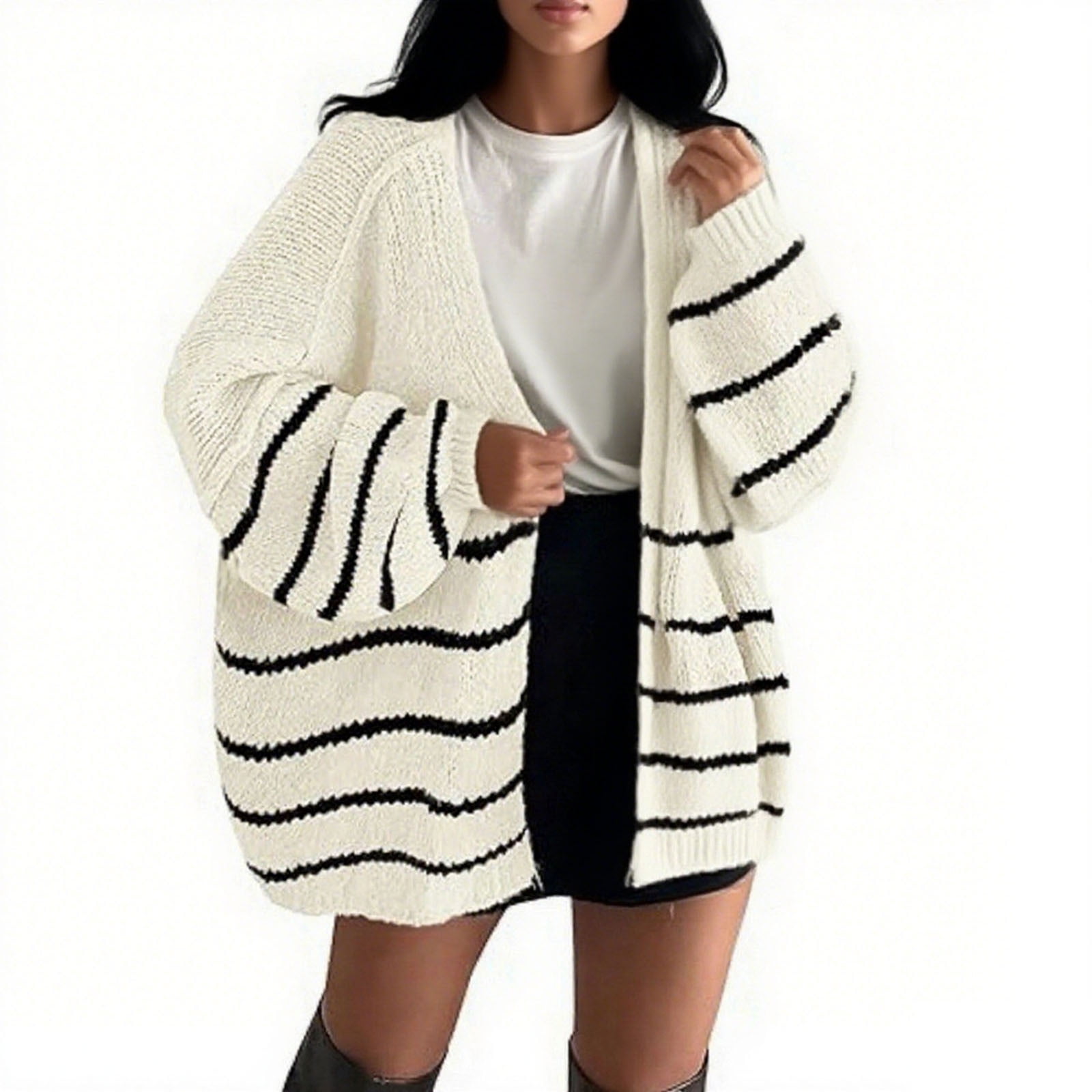 dazeni Oversized Cardigan Sweater for Women Fashion Striped Open Front ...