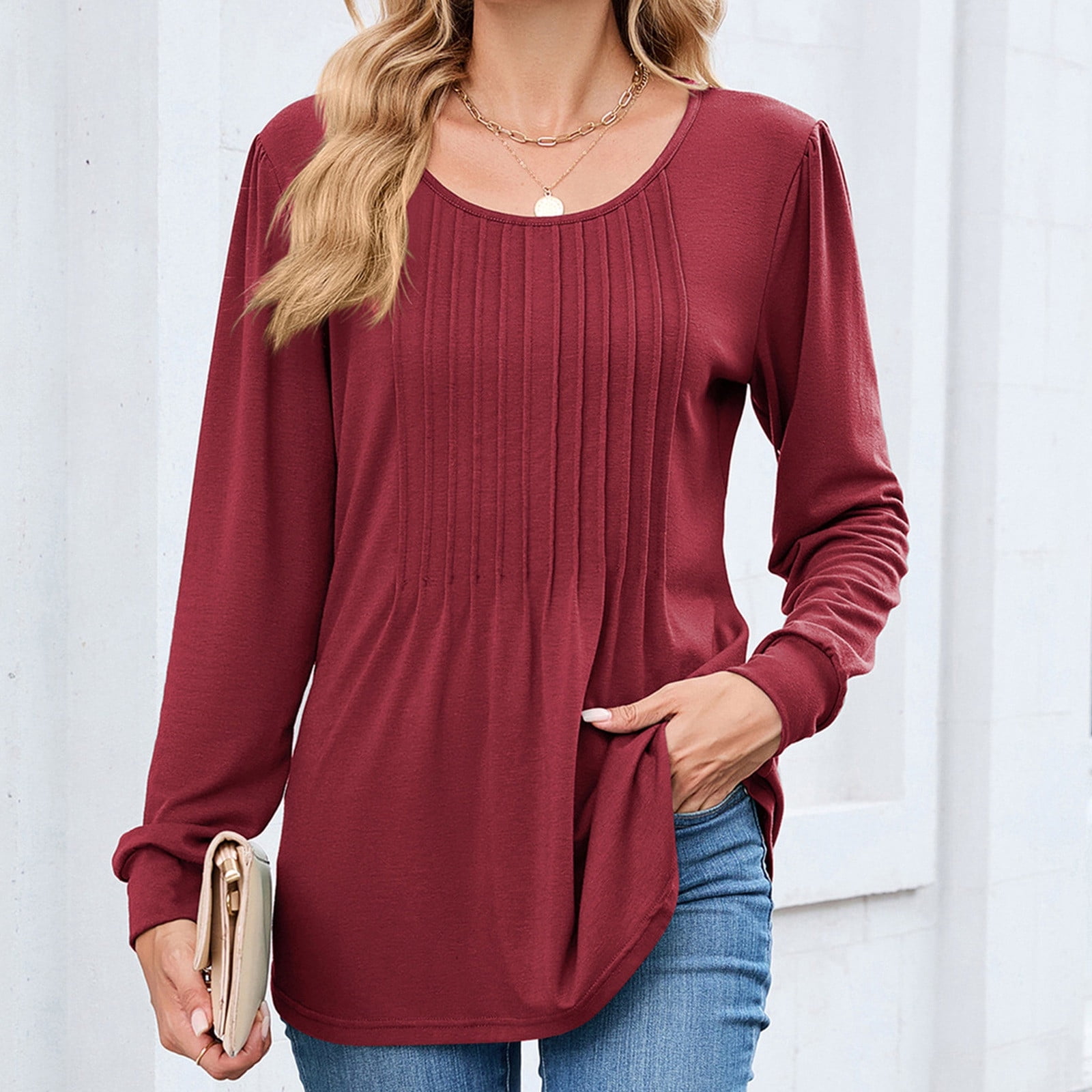 dazeni Pleated Blouses for Women Dressy Casual Tops Solid Long Sleeve ...