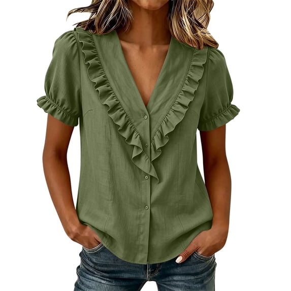 dazeni Ruffle Blouse Women Puff Short Sleev Casual Dressy Tops Solid V ...