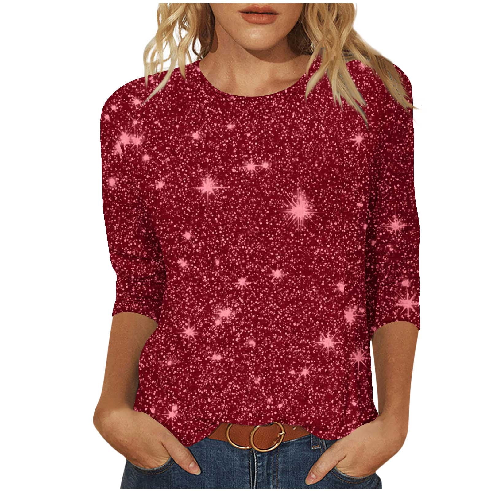 dazeni Sequin Tops for Women Sparkly 3/4 Sleeve Crewneck Shirts ...