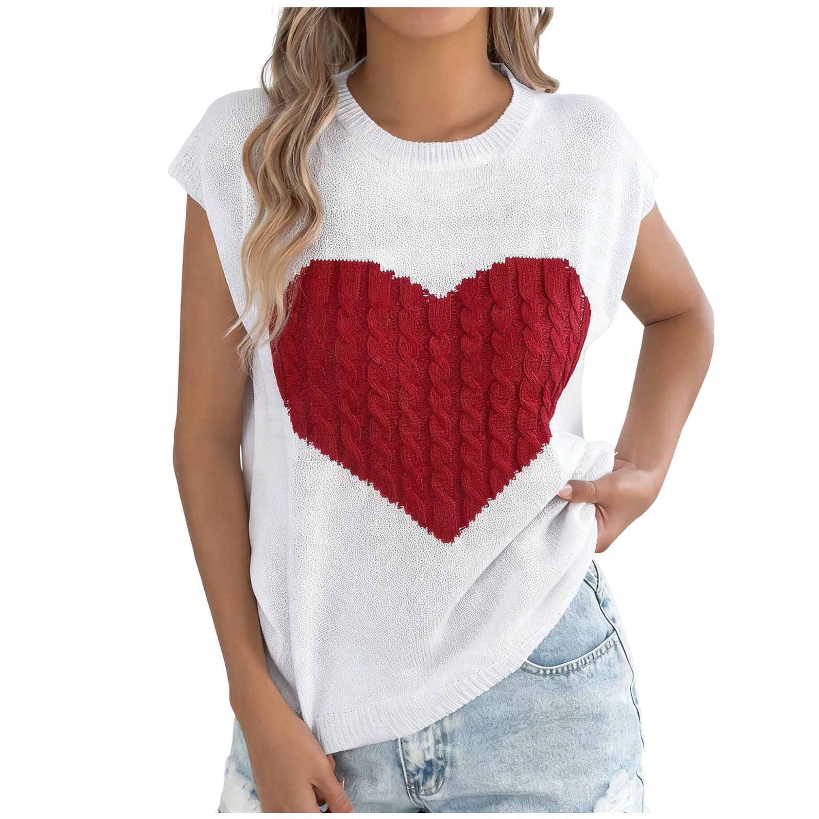 dazeni Short Sleeve Sweater for Women Cute Heart Print Knit Cap Sleeve ...