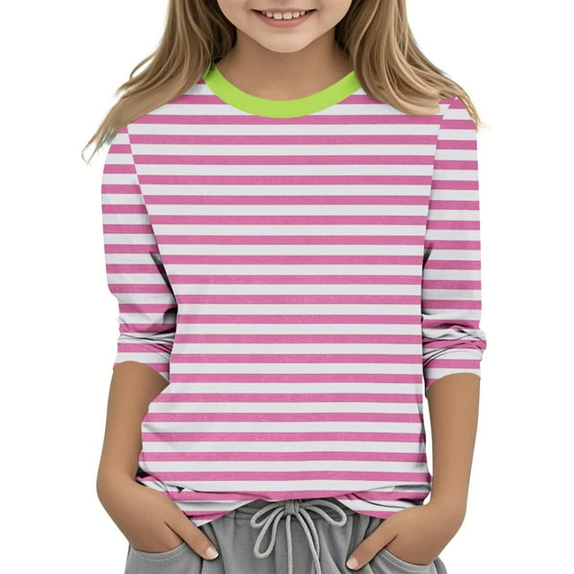 dazeni Striped Tops for Girls 3/4 Sleeve Crewneck Cute Basics Tees ...