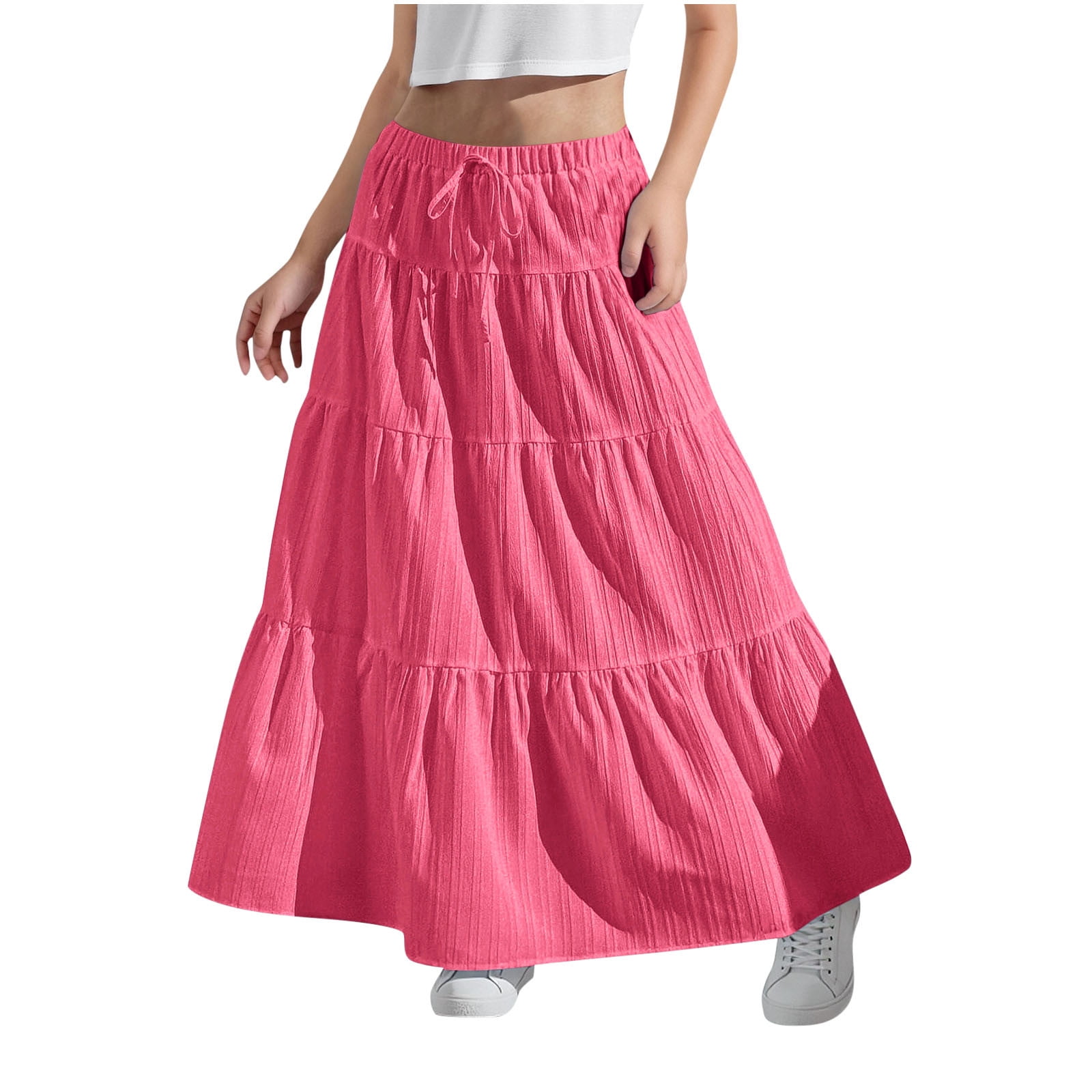 dazeni Teen Girls Casual Maxi Skirt Vintage Elastic High Waist Tiered Hem Long Swing Skirts ...
