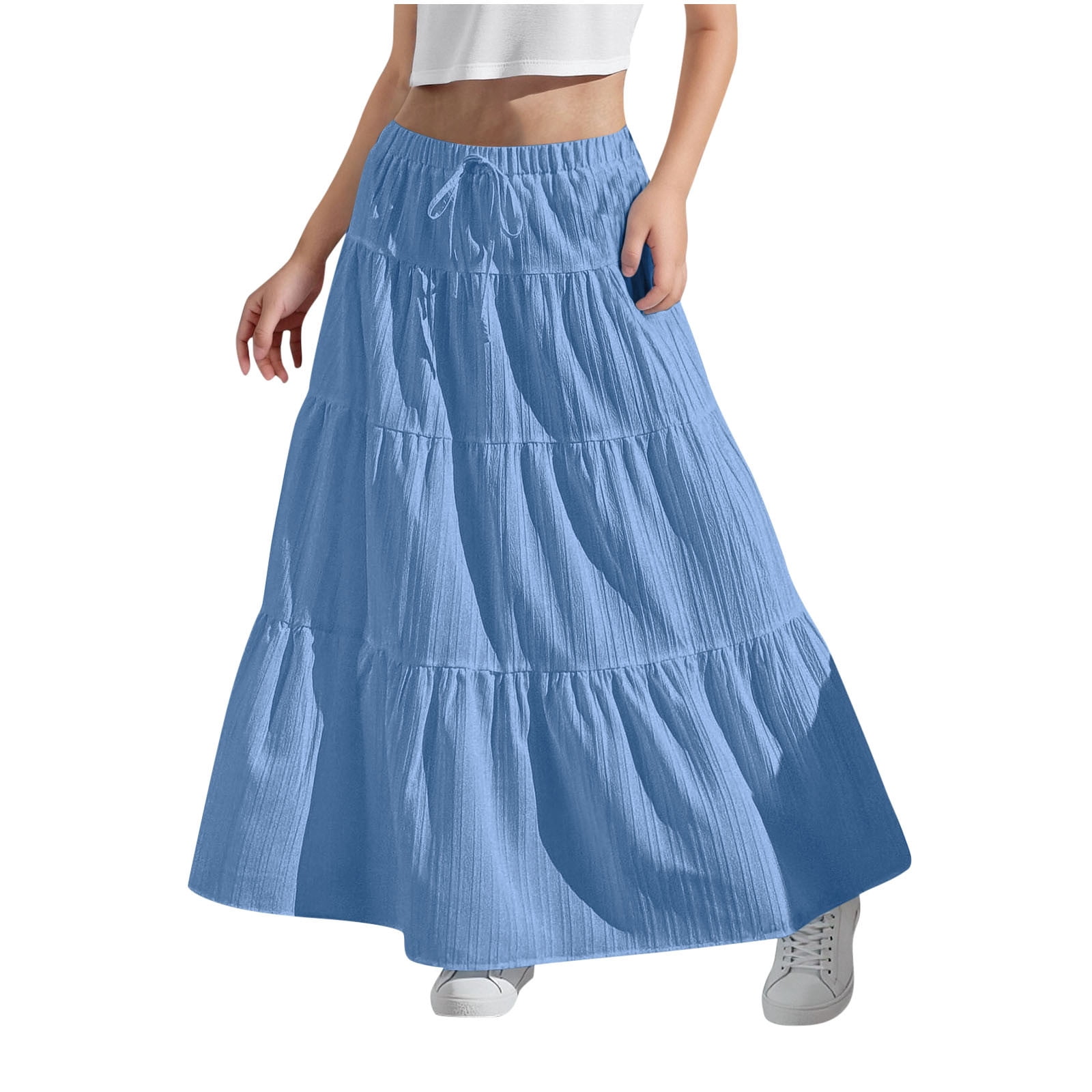dazeni Teen Girls Casual Maxi Skirt Vintage Elastic High Waist Tiered ...