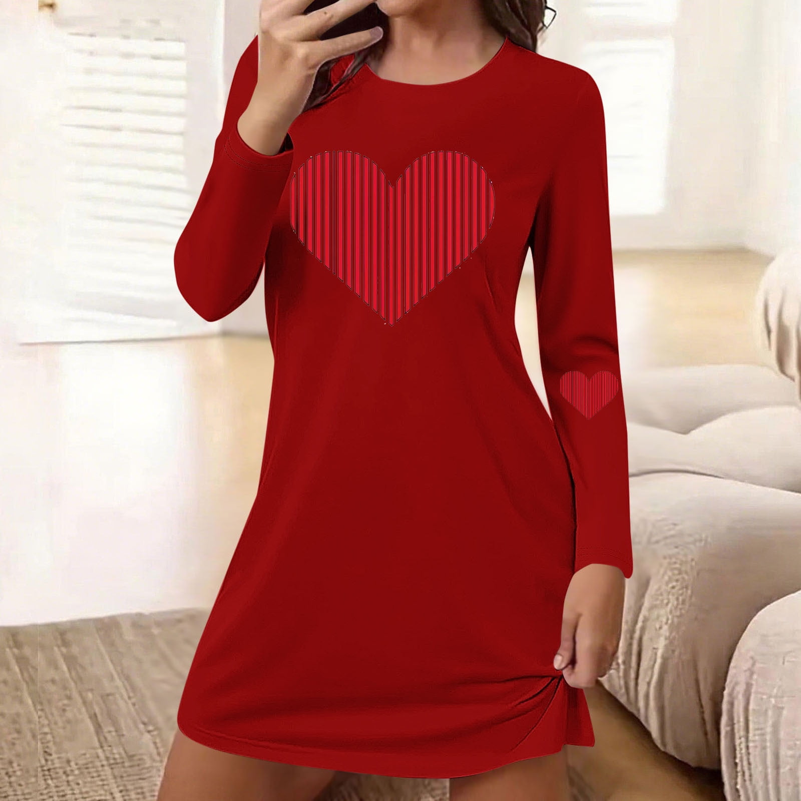 dazeni Valentine's Day Nightgowns for Women Heart Print Long Sleeve ...
